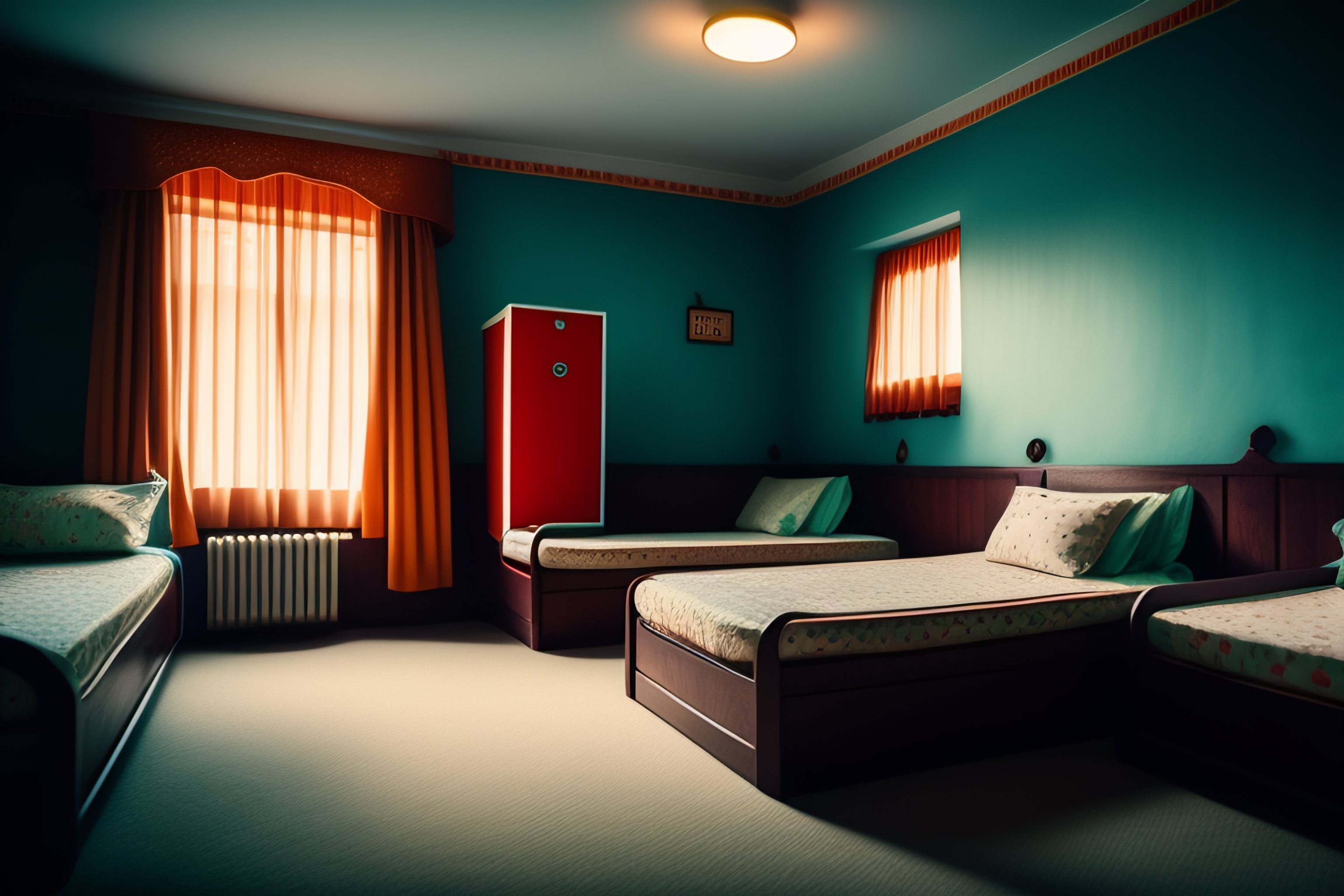 Lexica - An orphanage dormitory with beds, trunks, toys, carpet, and a ...