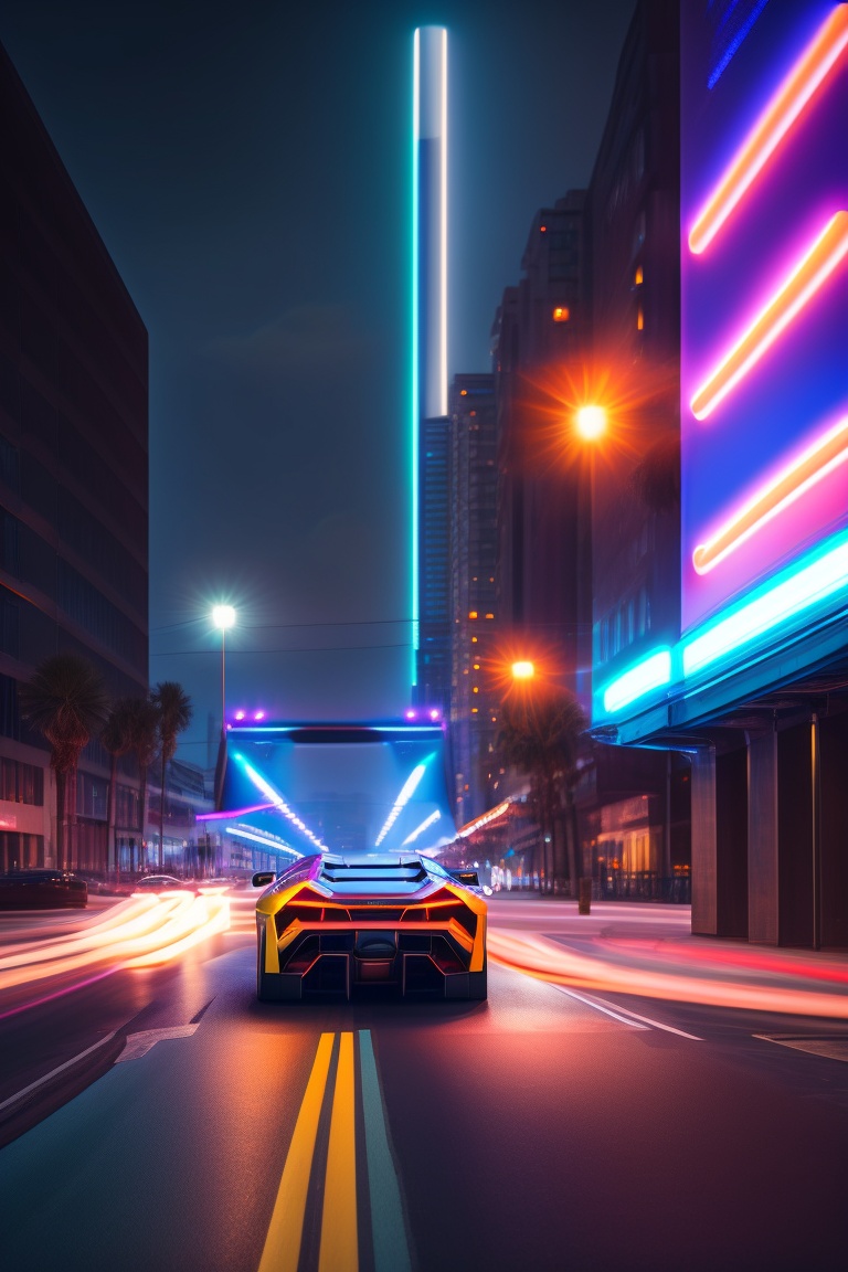 Lexica - Slow shutter speed photo of a cyberpunk , neon , architecture ...