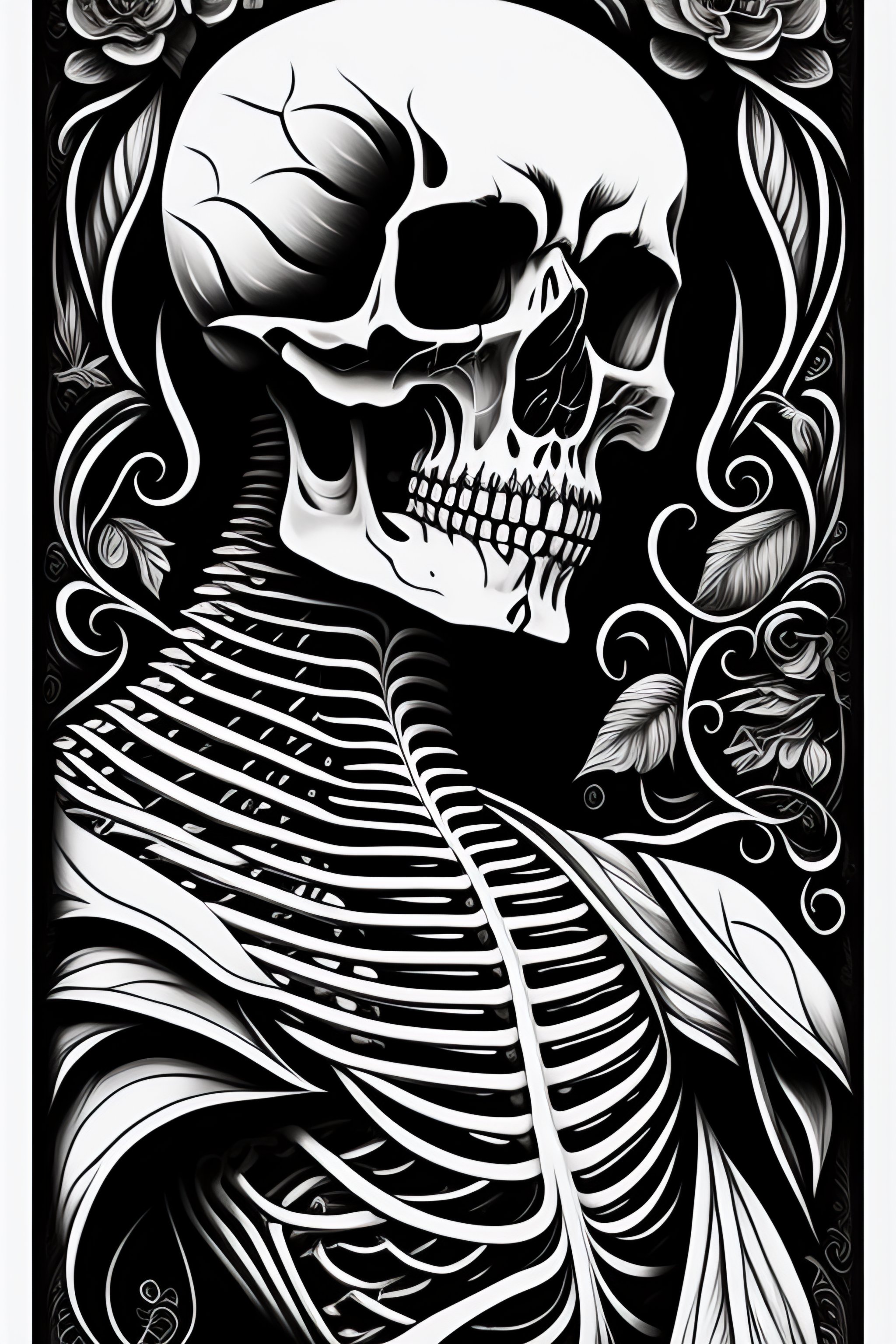 Lexica - Skeleton, ink illustration, black and white, fine lines ...