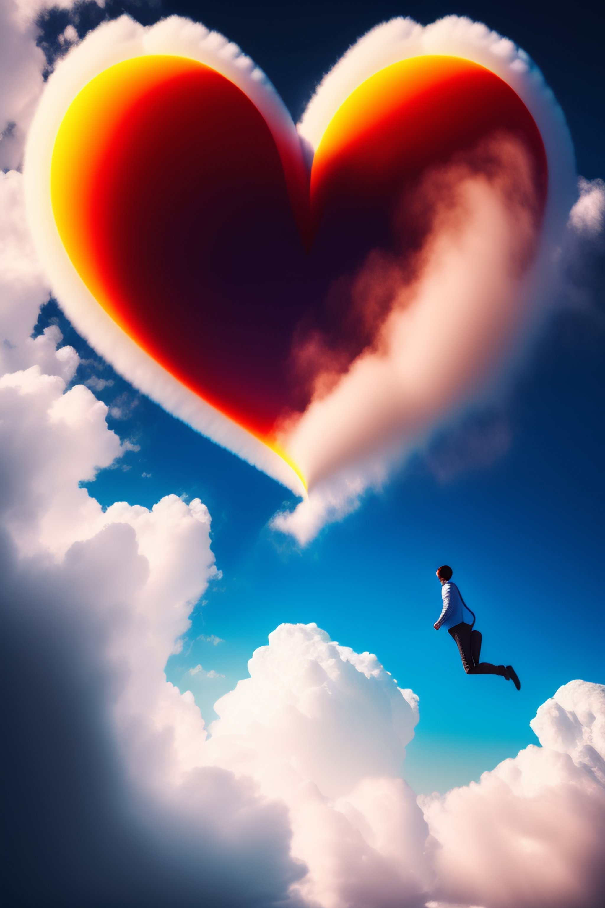 Lexica - A man flying through sky, surrounded by clouds, love, heart ...
