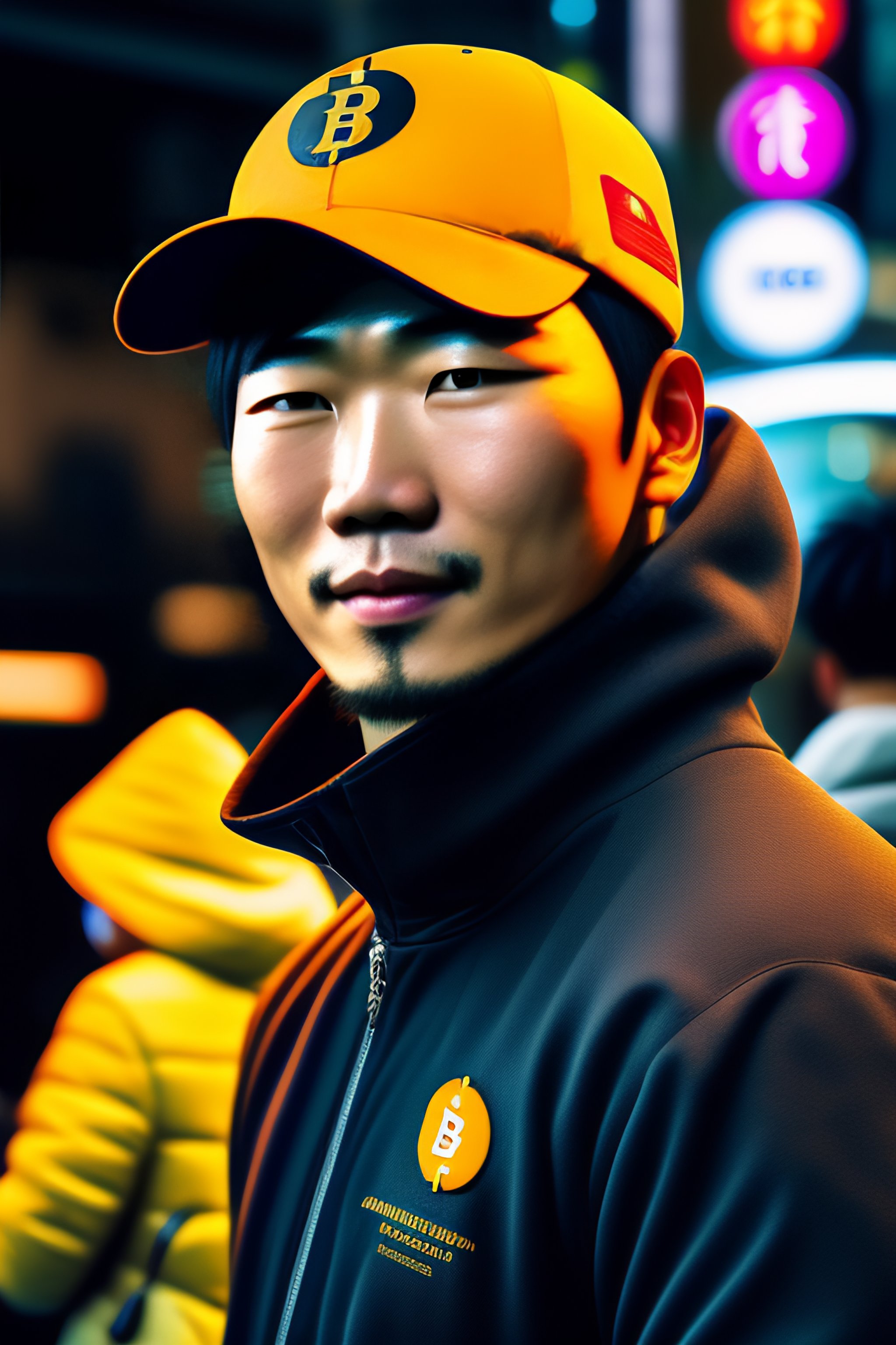 Lexica - ASIAN GUY WEARING A HAT WITH A BITCOIN LOGO ON IT IN TOKYO. IN ...