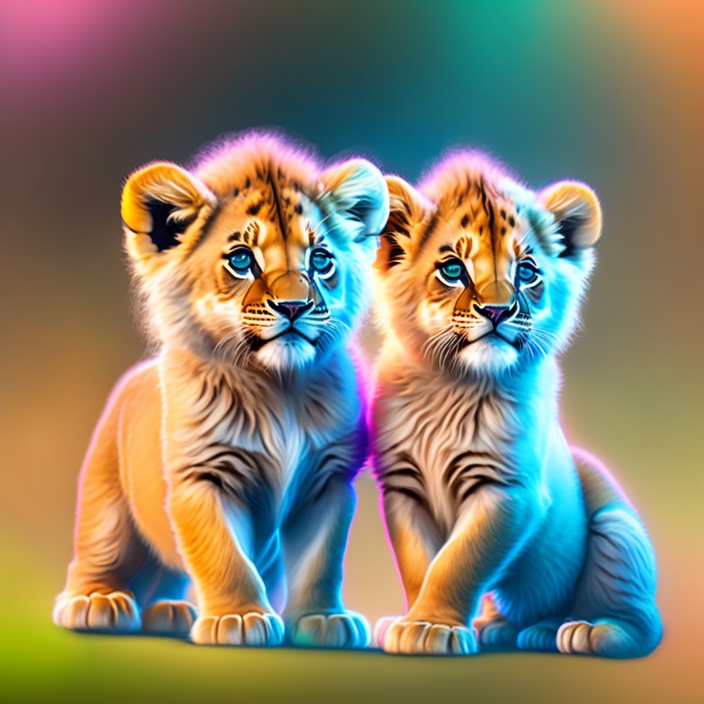 Lexica - 2 baby lion cubs playing, Illustration, neon fluro background ...