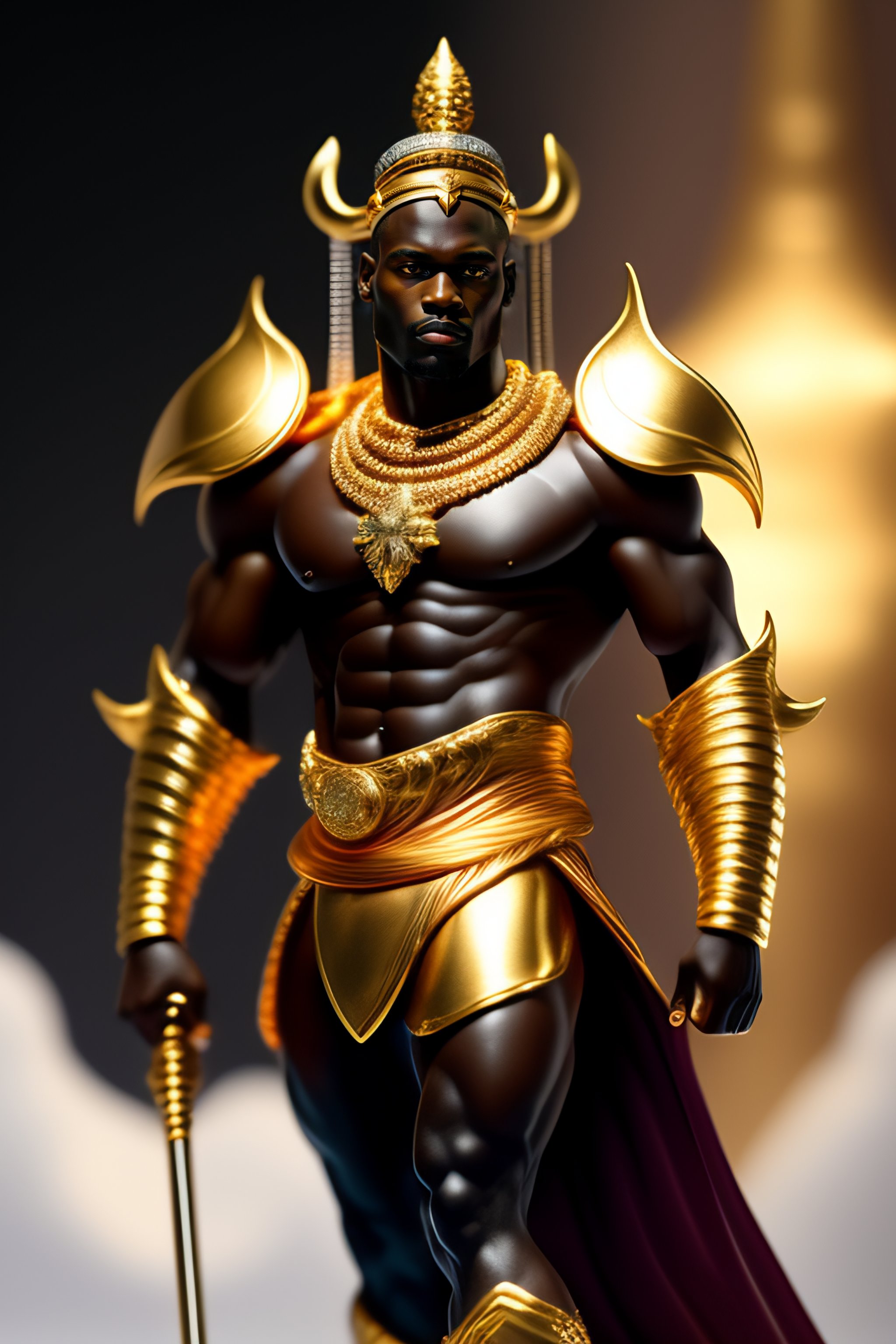 Lexica - Gleaming gold and silver spear, african man, battle ground