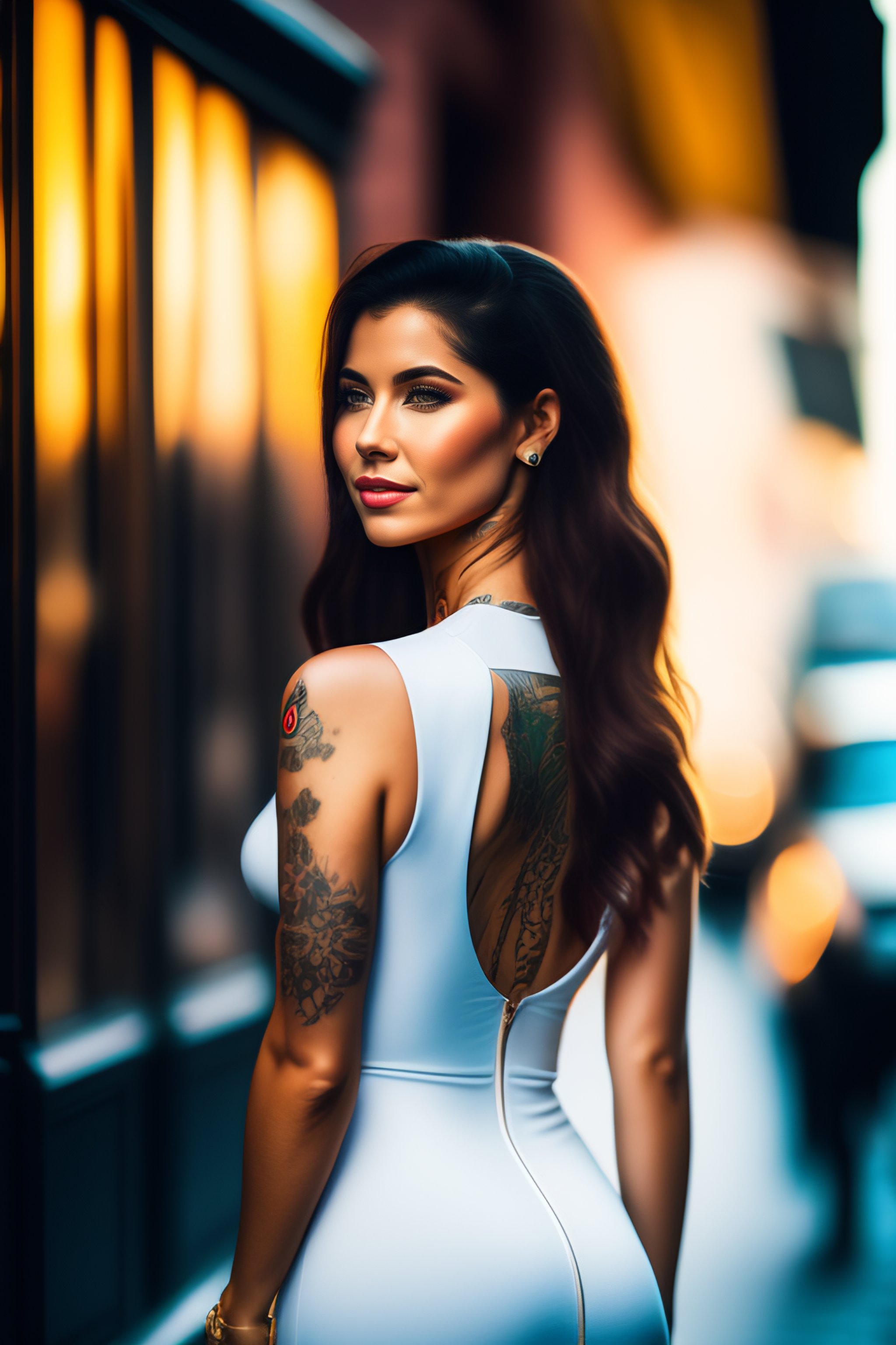 Lexica - Beautiful clothed tight dress girl, seen from the back, street ...