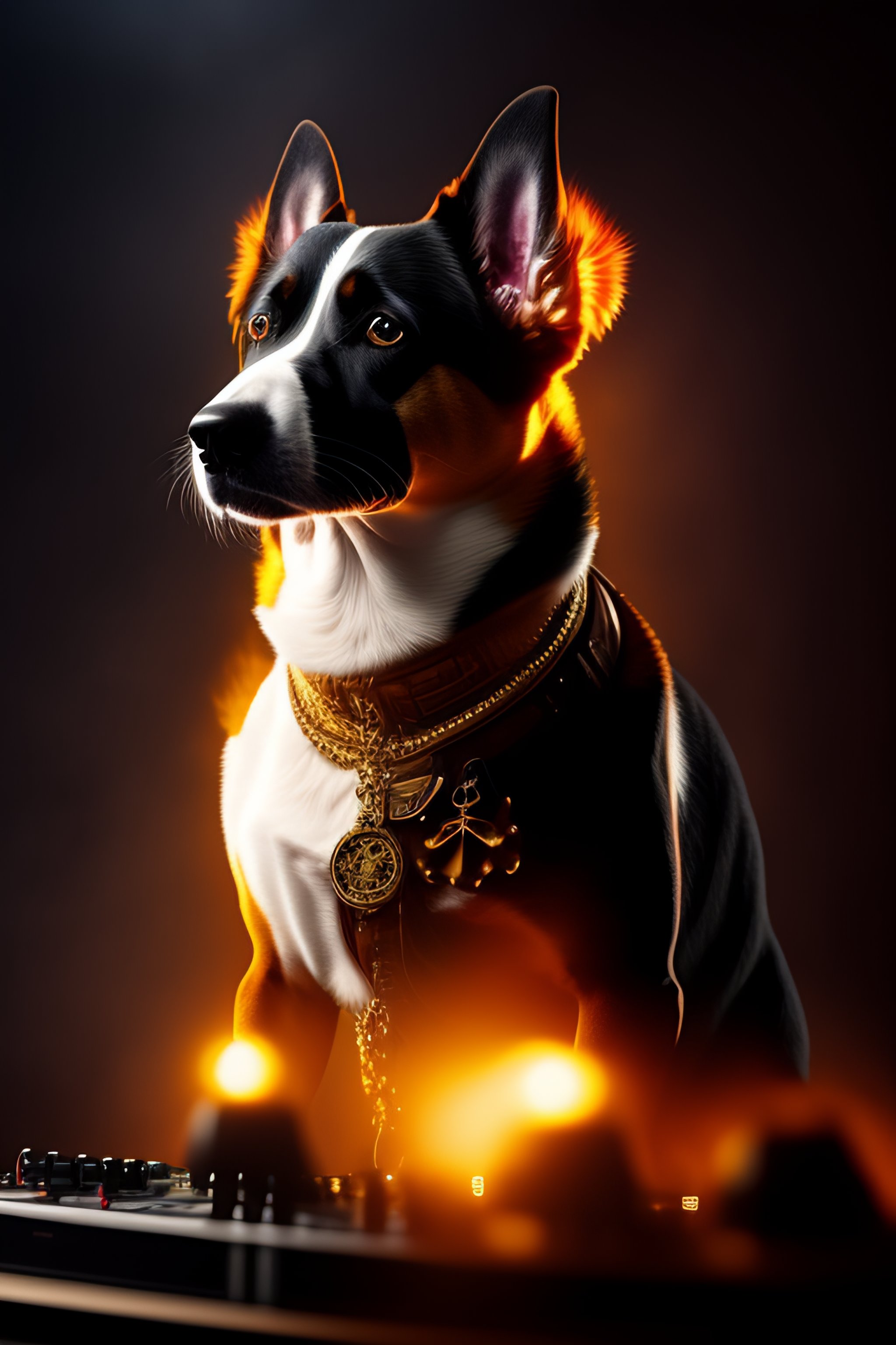 Lexica - Crazy DJ dog in dark background, steampunk