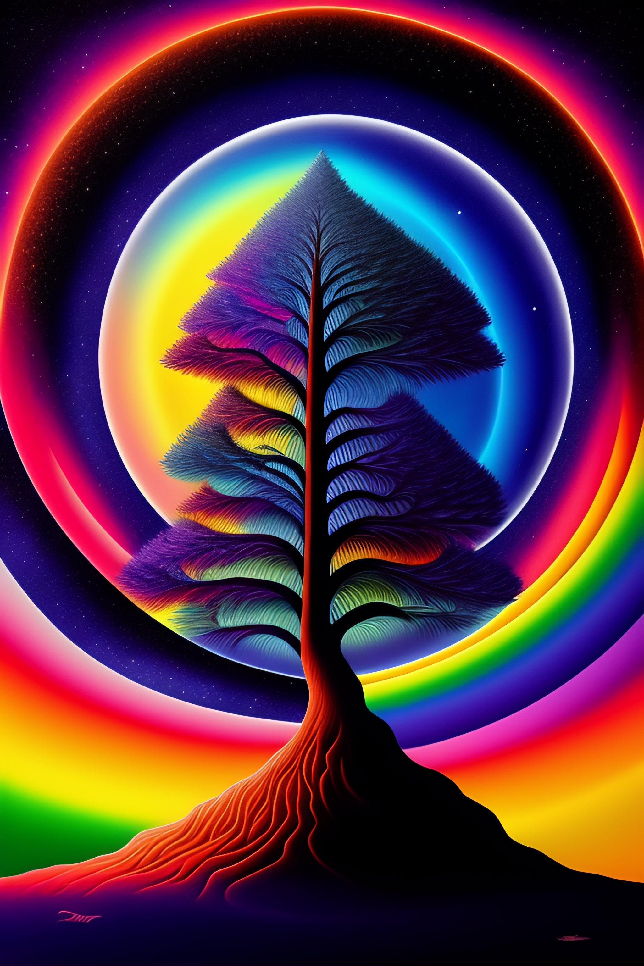 Lexica - Pen drawing of a tree on the moon, outer space, rainbow colors ...