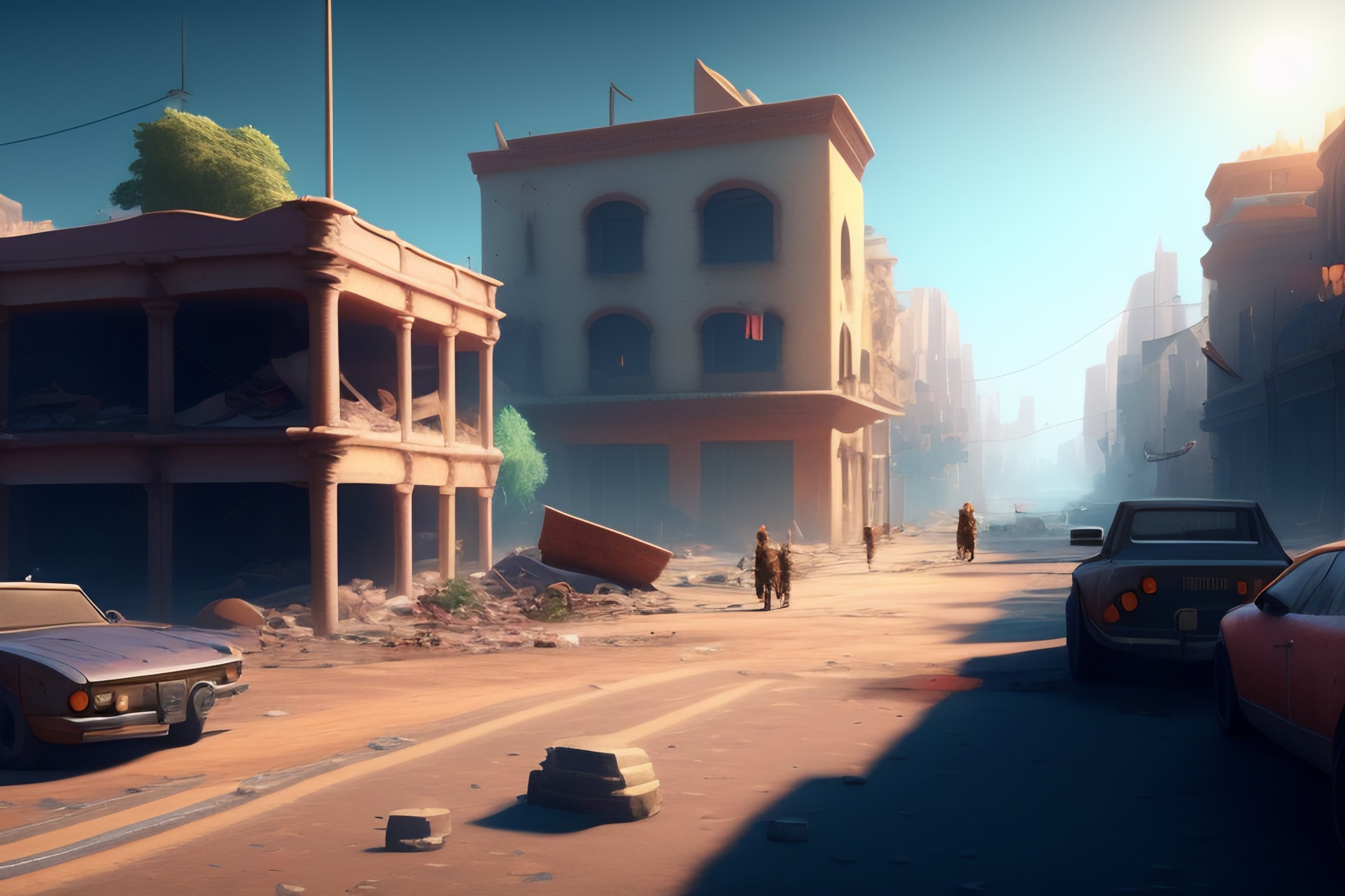 Lexica - A city with lots of broken buildings and rubble and damaged ...