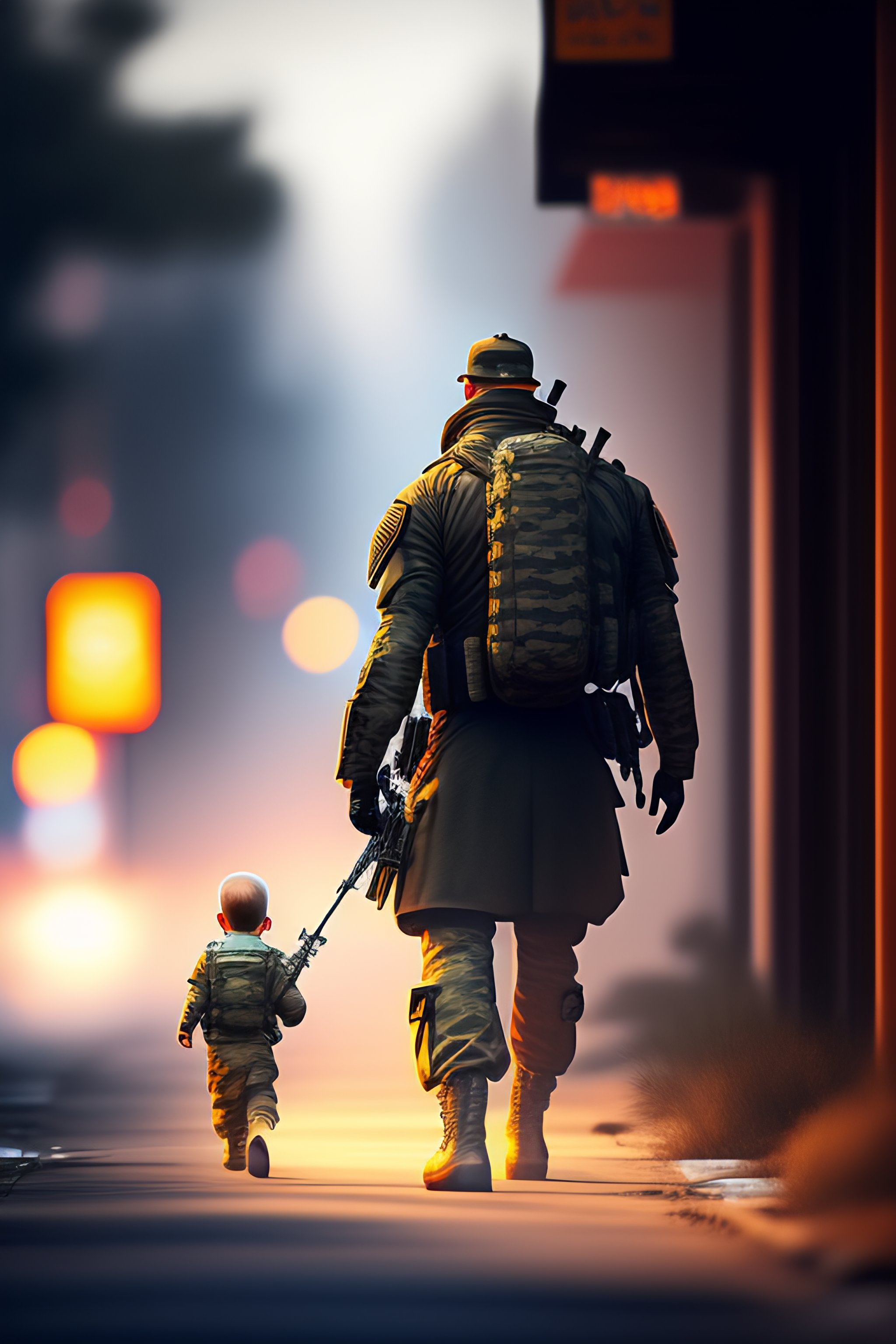 Lexica - A military dragon with a machine gun walking with a baby by an ...