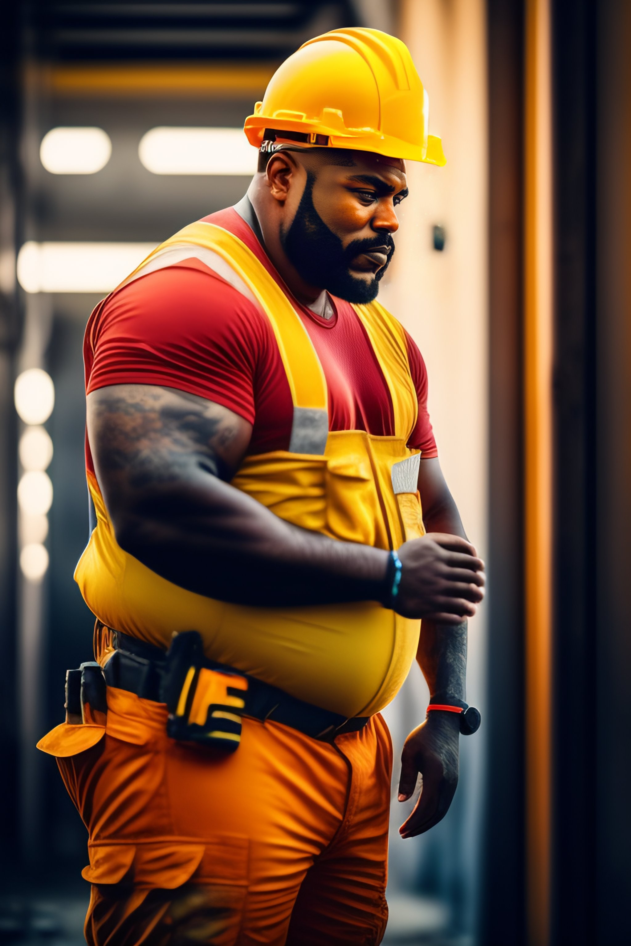 Lexica - A construction worker, with a (large belly)++++++, rubbing his ...