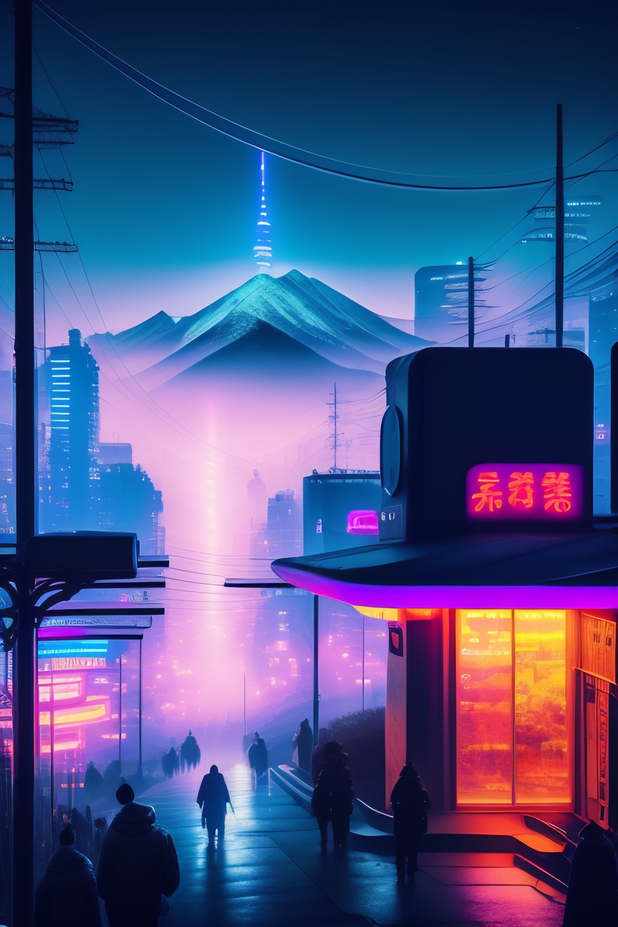 Lexica - Neo Tokyo neon city, snow capped mountains in background, mist ...