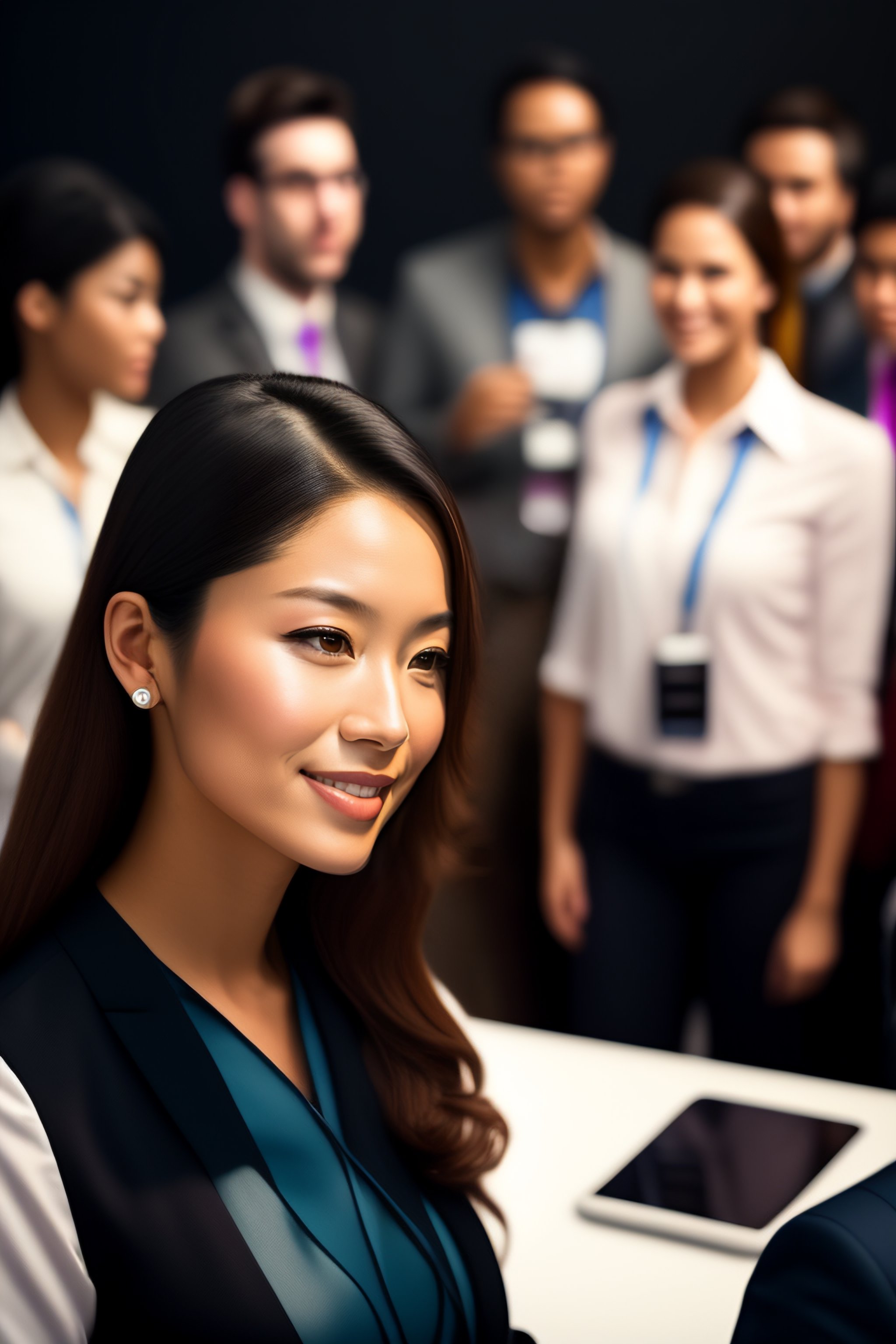 Lexica - Portrait of a young woman tech worker at a tech conference ...