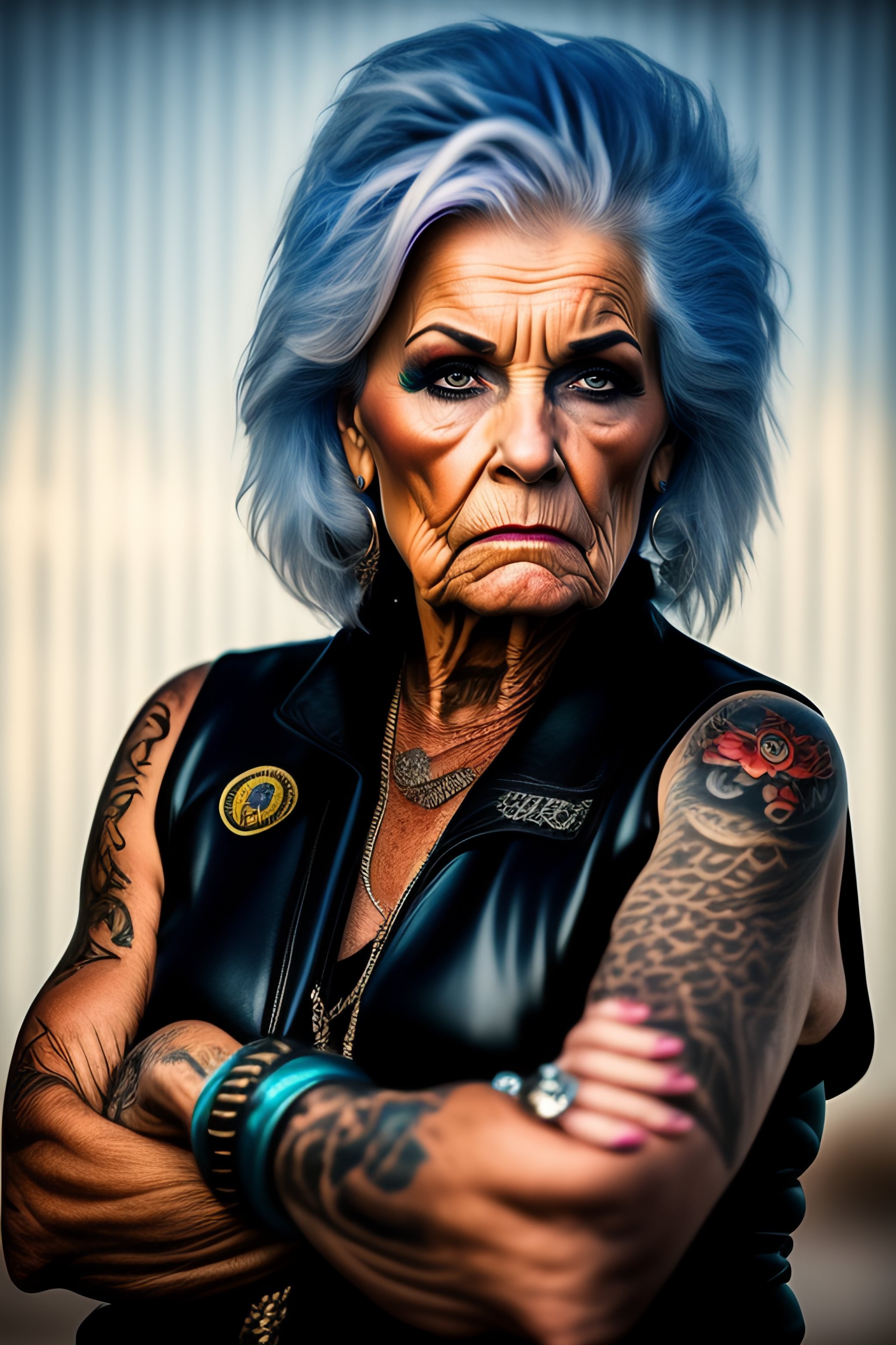 Lexica - Portrait of a grumpy mean scowl old woman biker tattoos