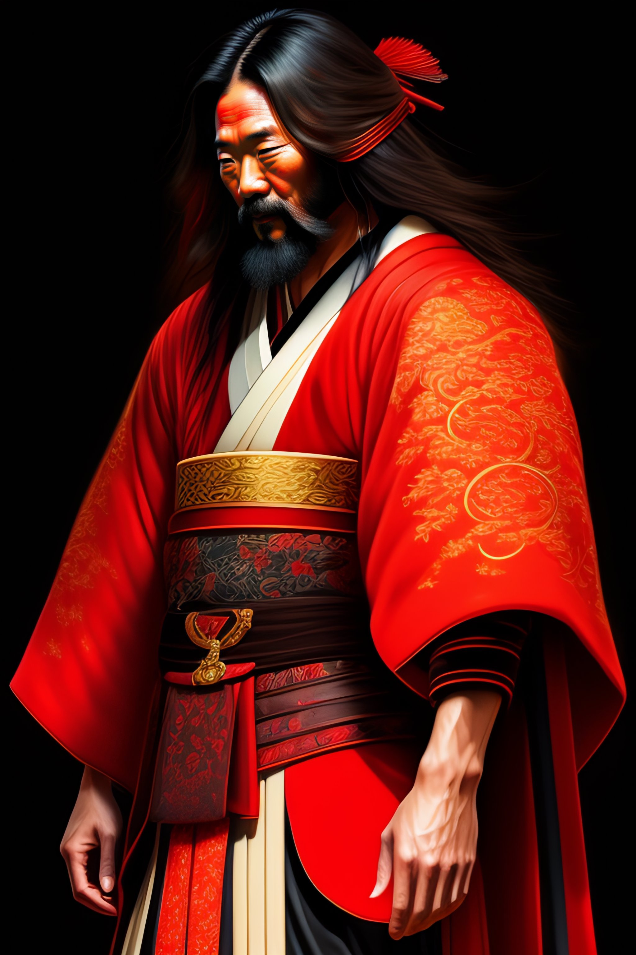 Lexica - Oldman with red kimono Samurai long hair intricate, elegant ...