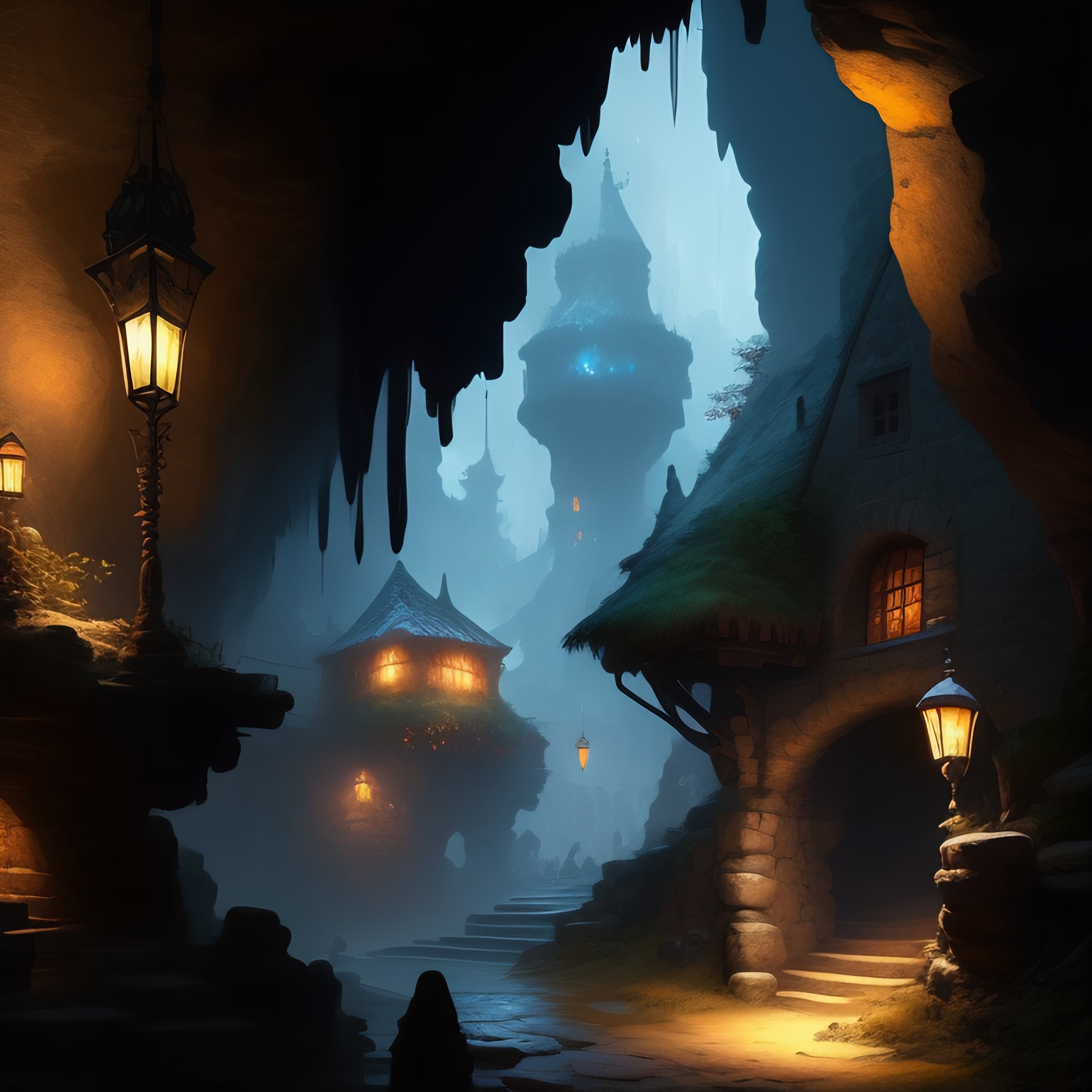 Lexica - Underground medieval village, inside a dark cave, dwellings ...