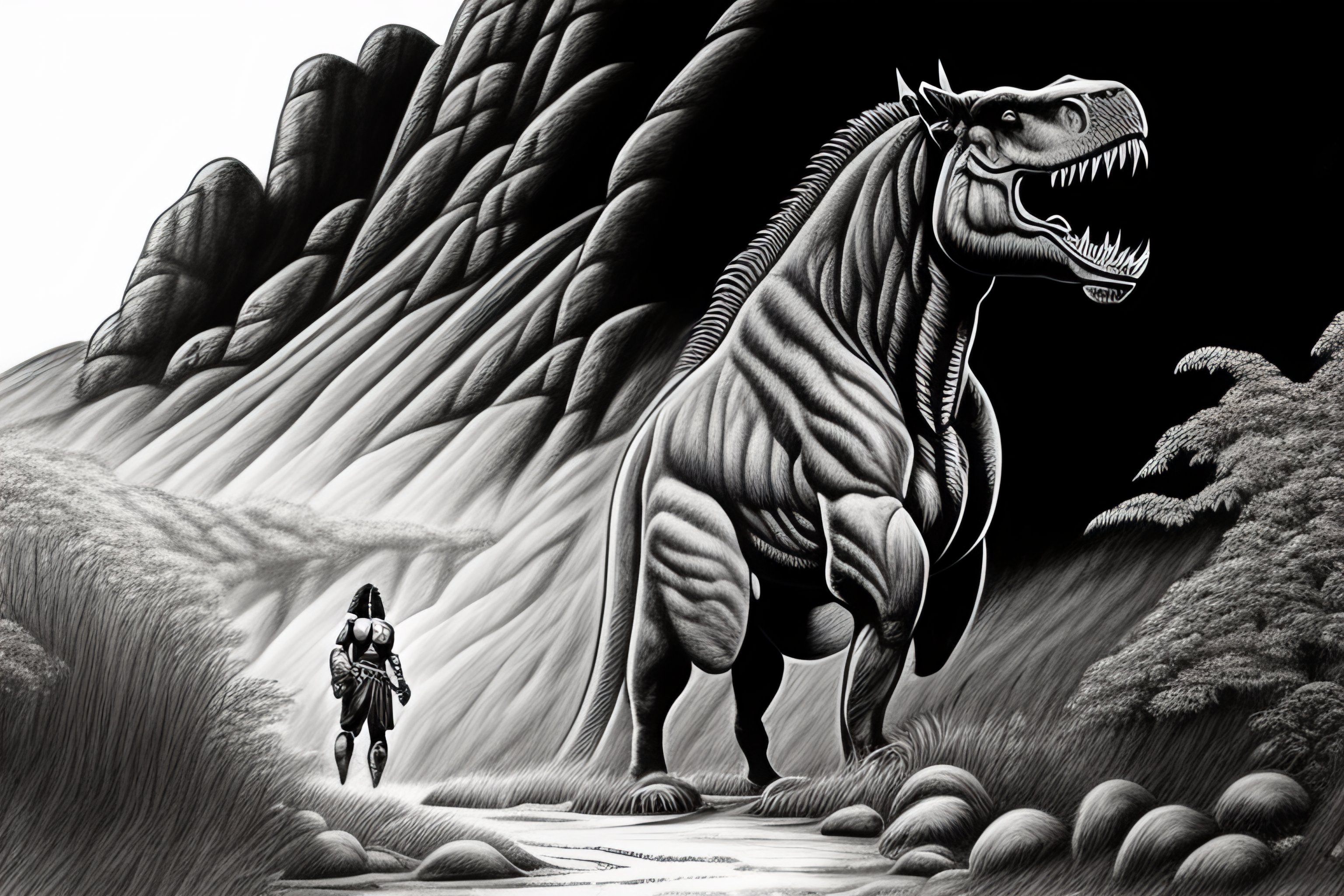 Lexica - Landscape drawing of a muscular caveman with a spear standing ...