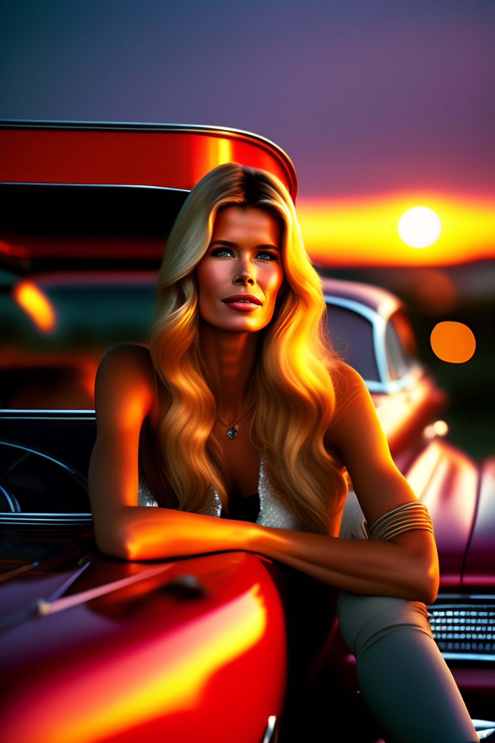 Lexica - Claudia schiffer sitting on vintage car infront of a 90's ...
