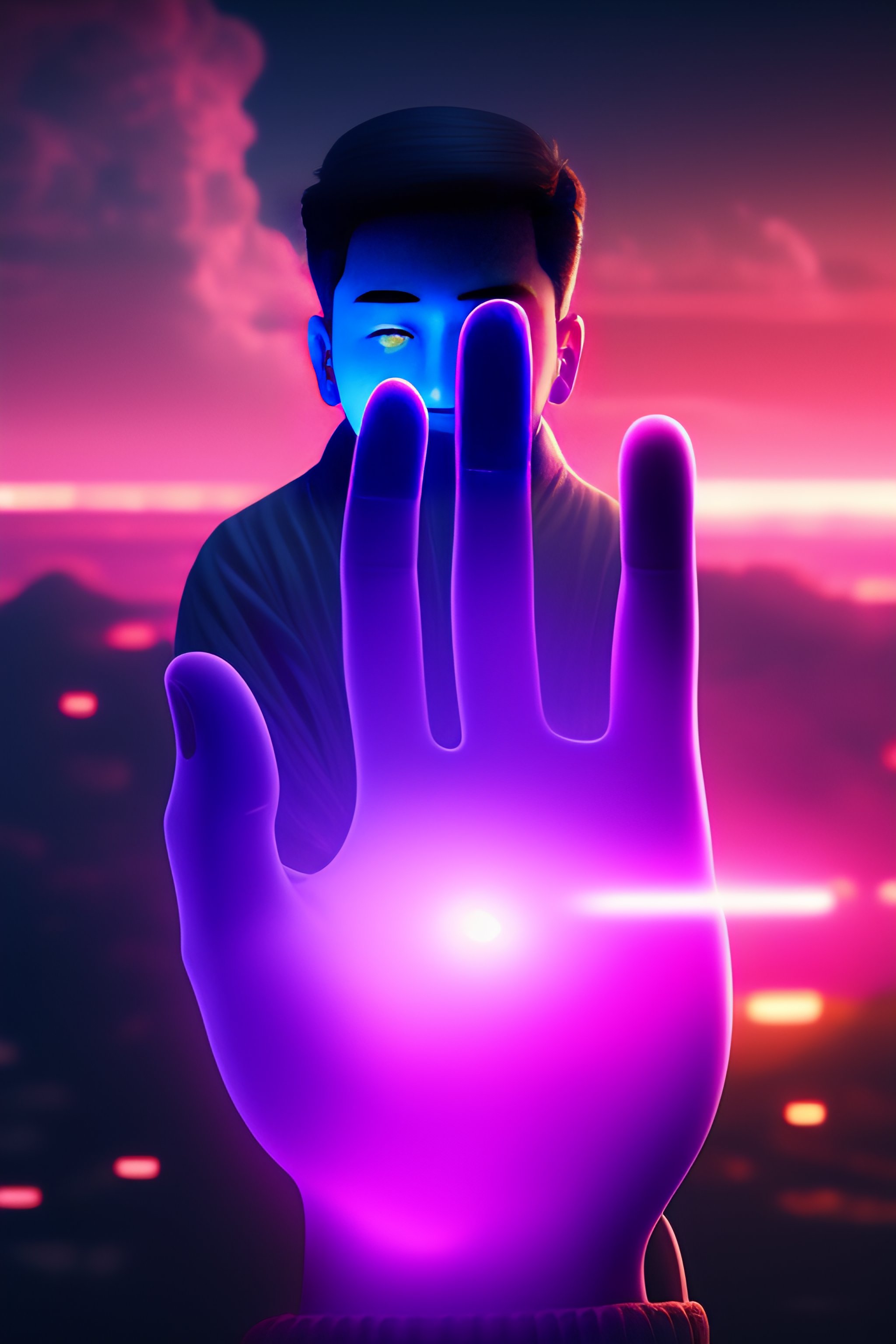Lexica - A man whose right hand glows half purple in anime style.