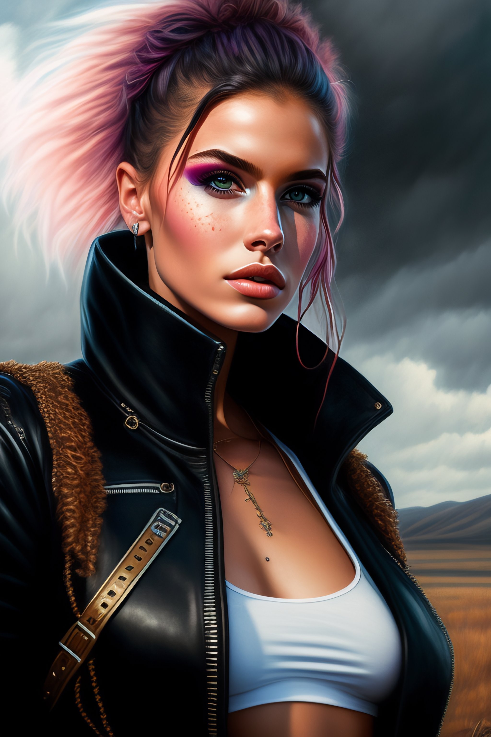 Lexica - Cute punk rock girl, mad max jacket, renaissance, cables on ...