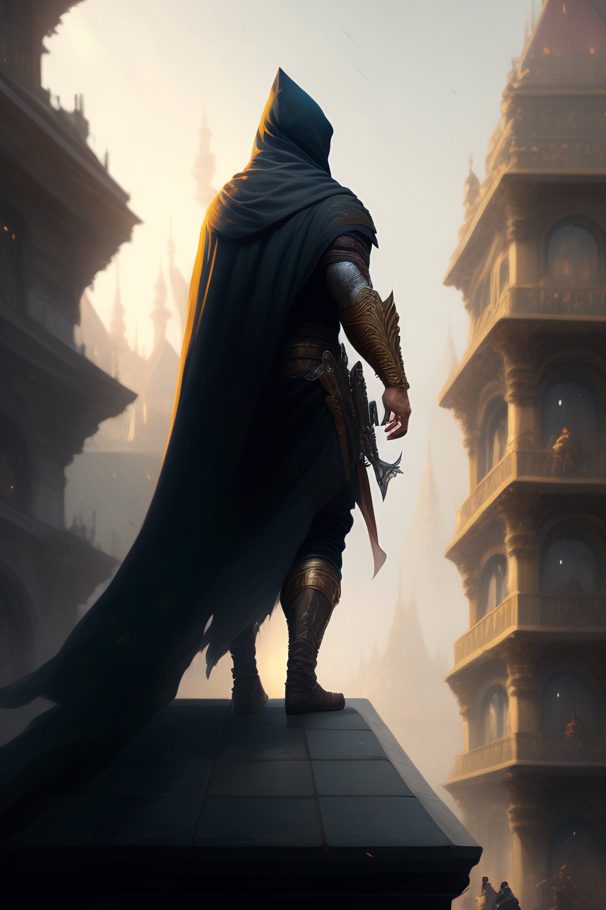 Lexica - "A muscular hooded assassin standing atop a rooftop ...