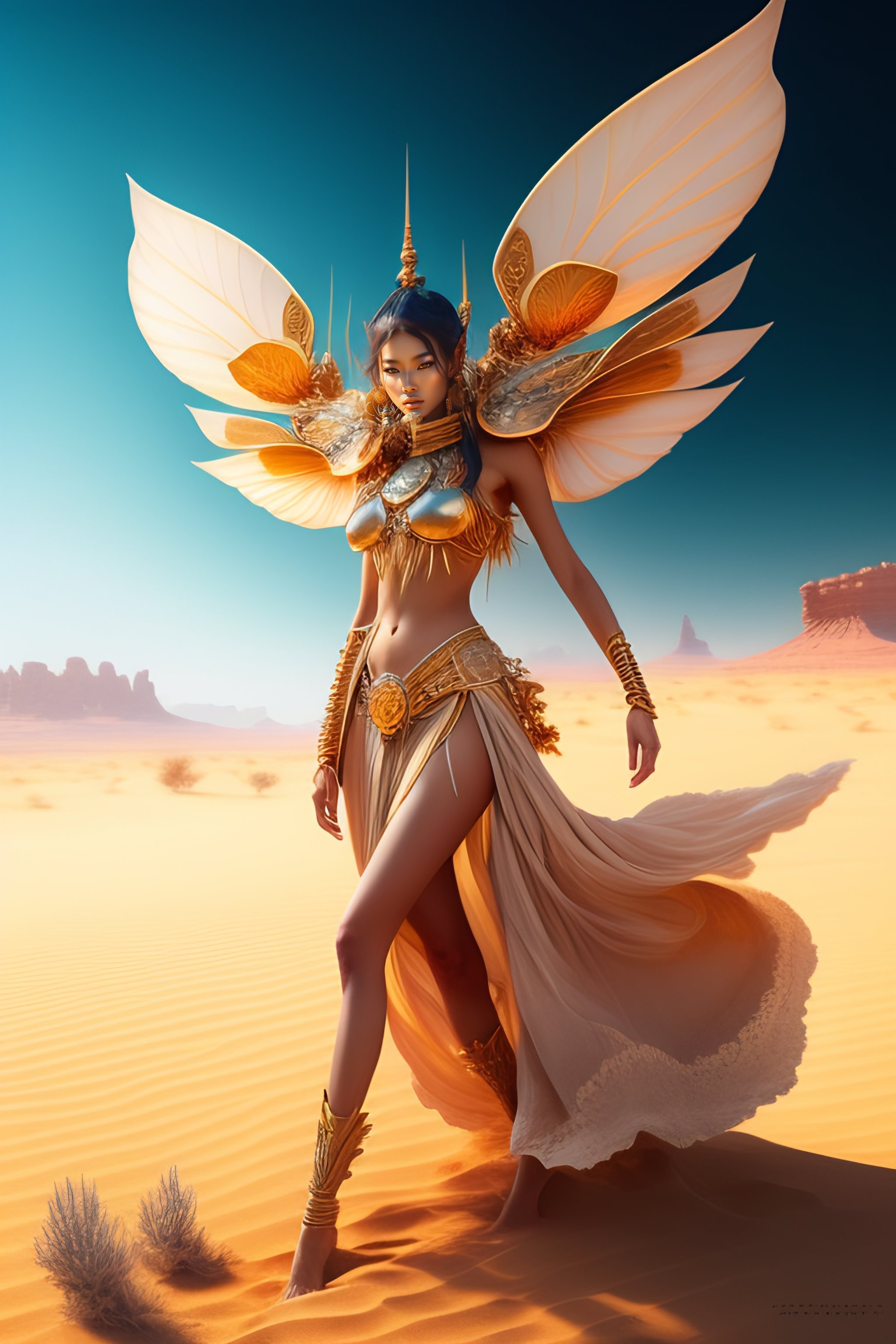 Lexica - An artistic full body of a standing insect humanoid with crab shell in a desert with a ...
