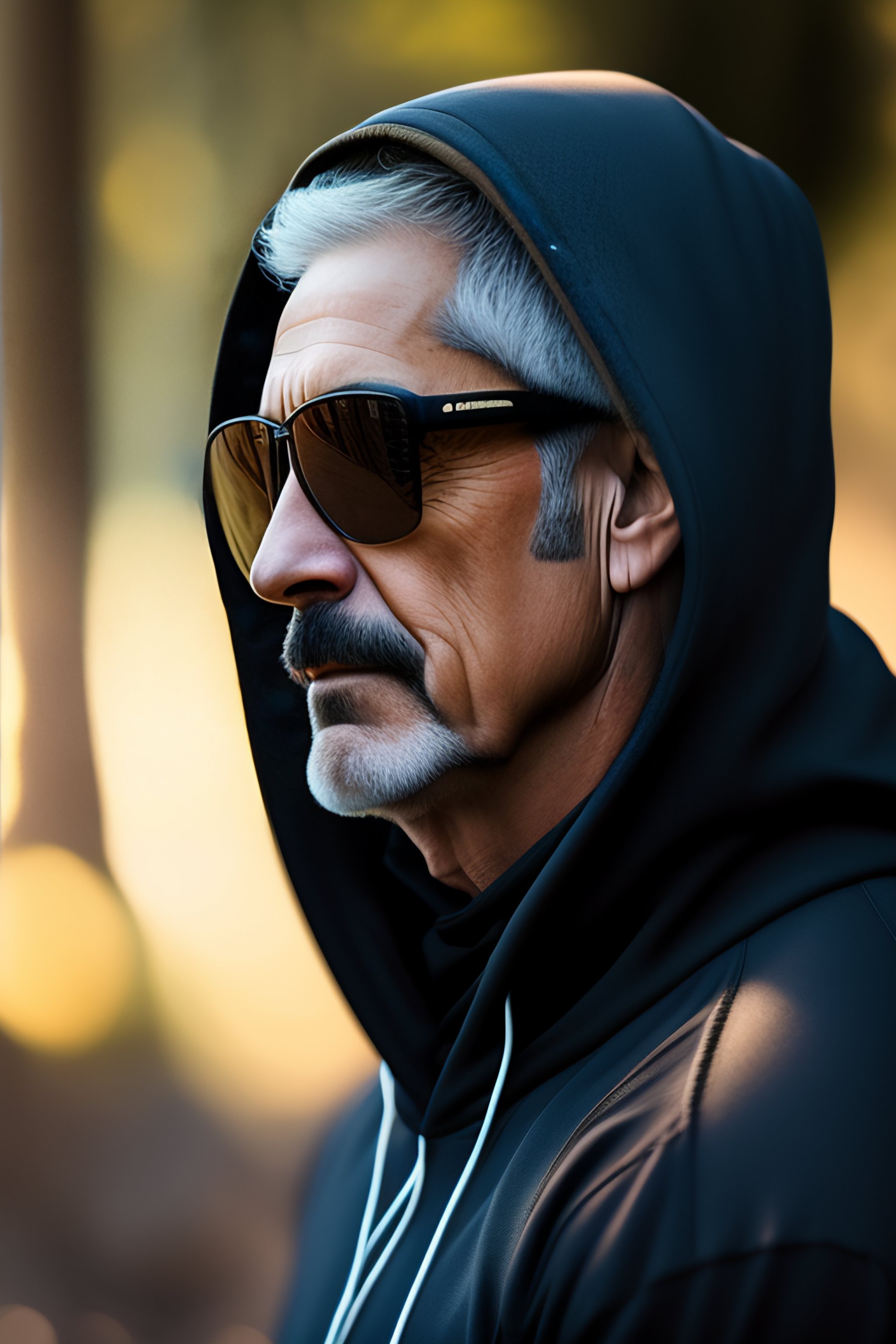 Lexica - 58 year old man, in a hoodie, six feet tall, dark sunglasses ...