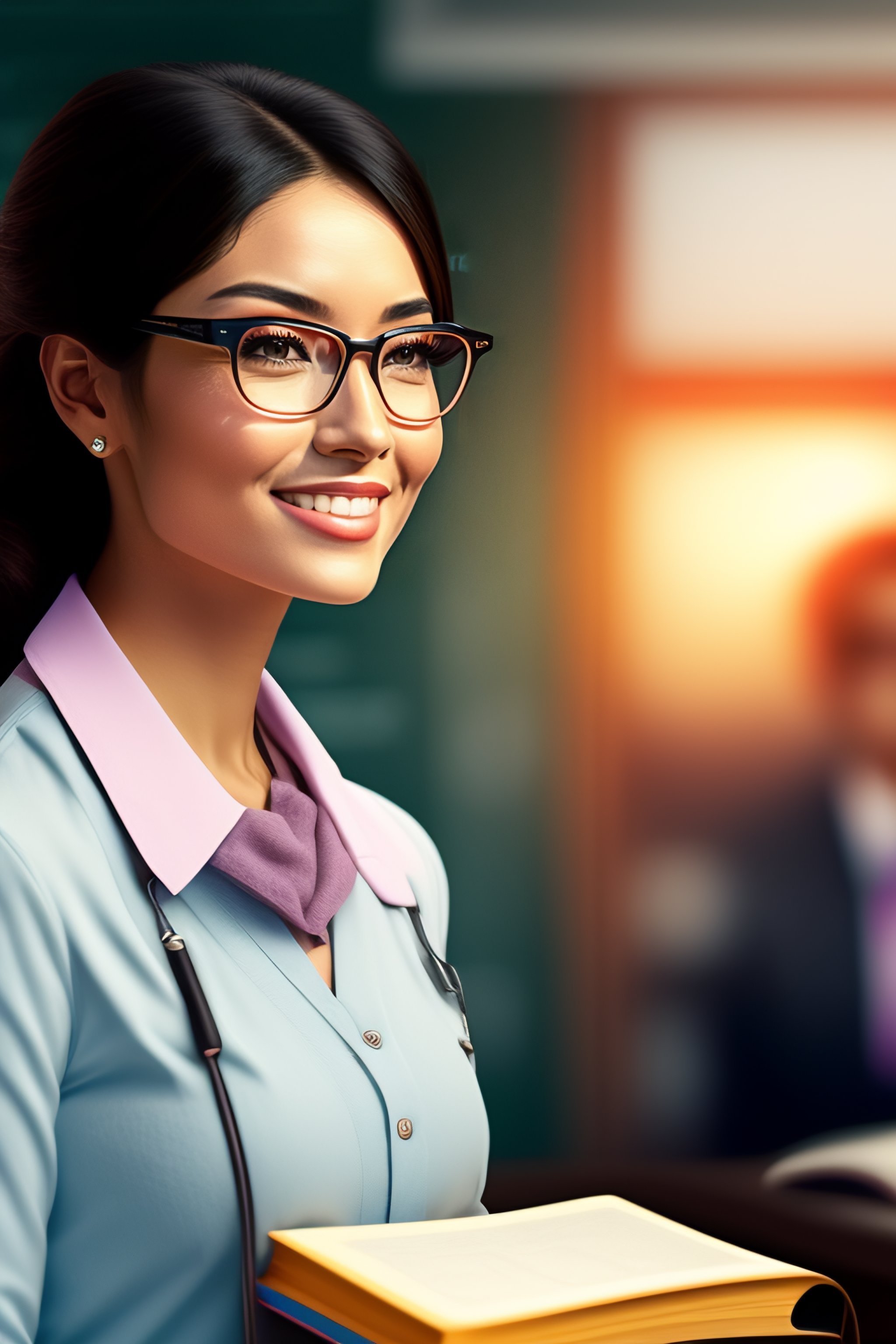 Lexica - A beautiful teacher with glasses is looking at me with a math ...