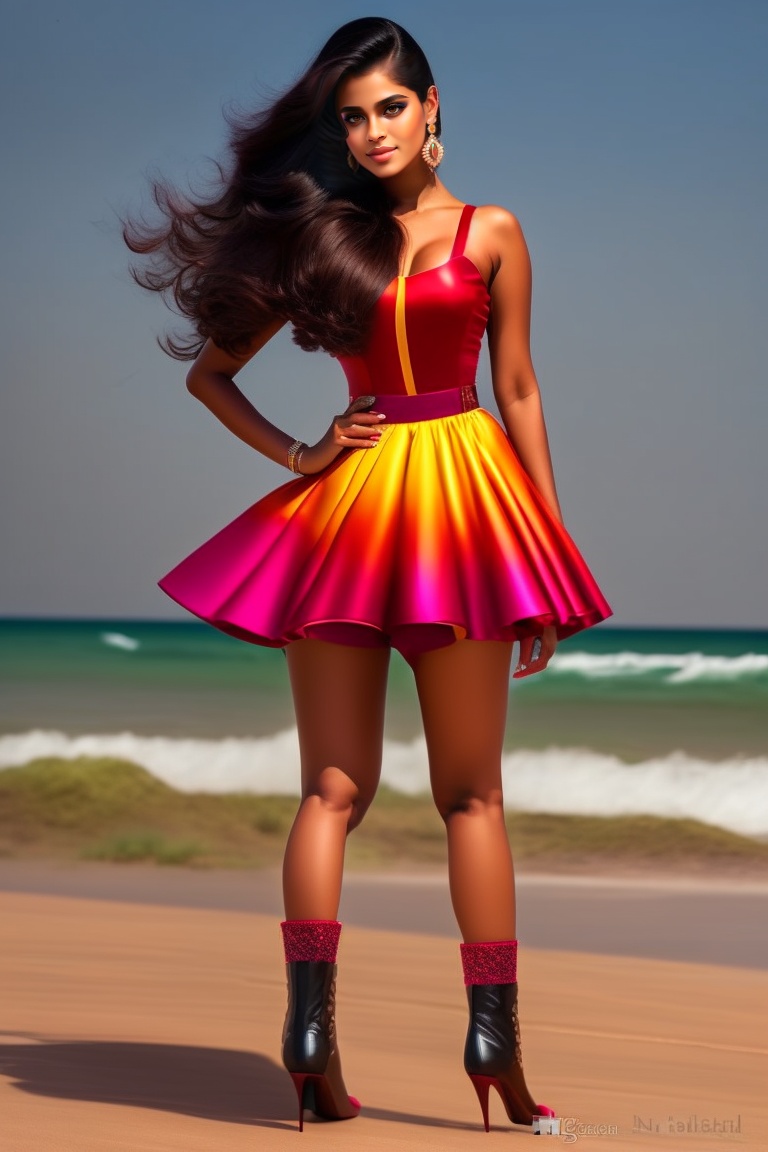 Lexica - Indian short dress girl show thighs, show back side