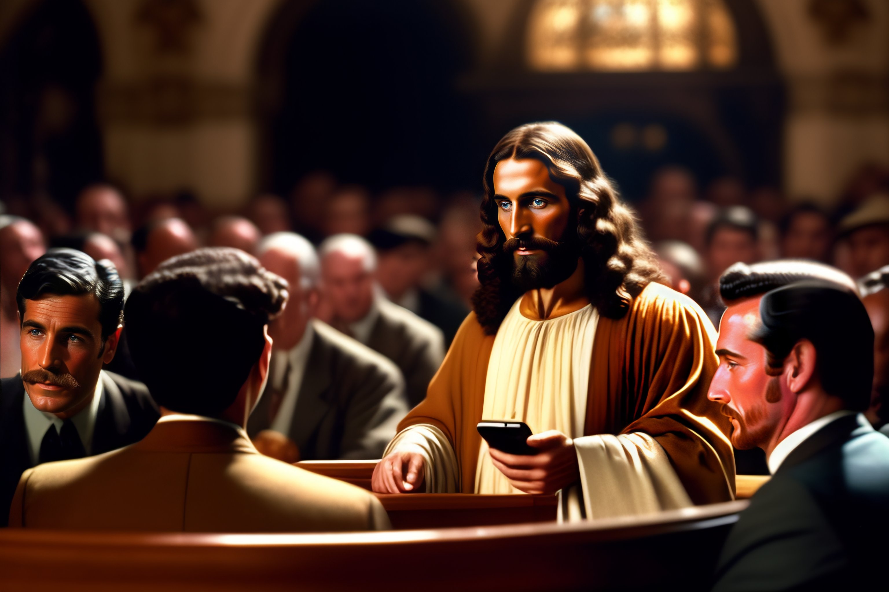 Lexica - Old color photo, year 1, jesus christ is speaking on smartphone