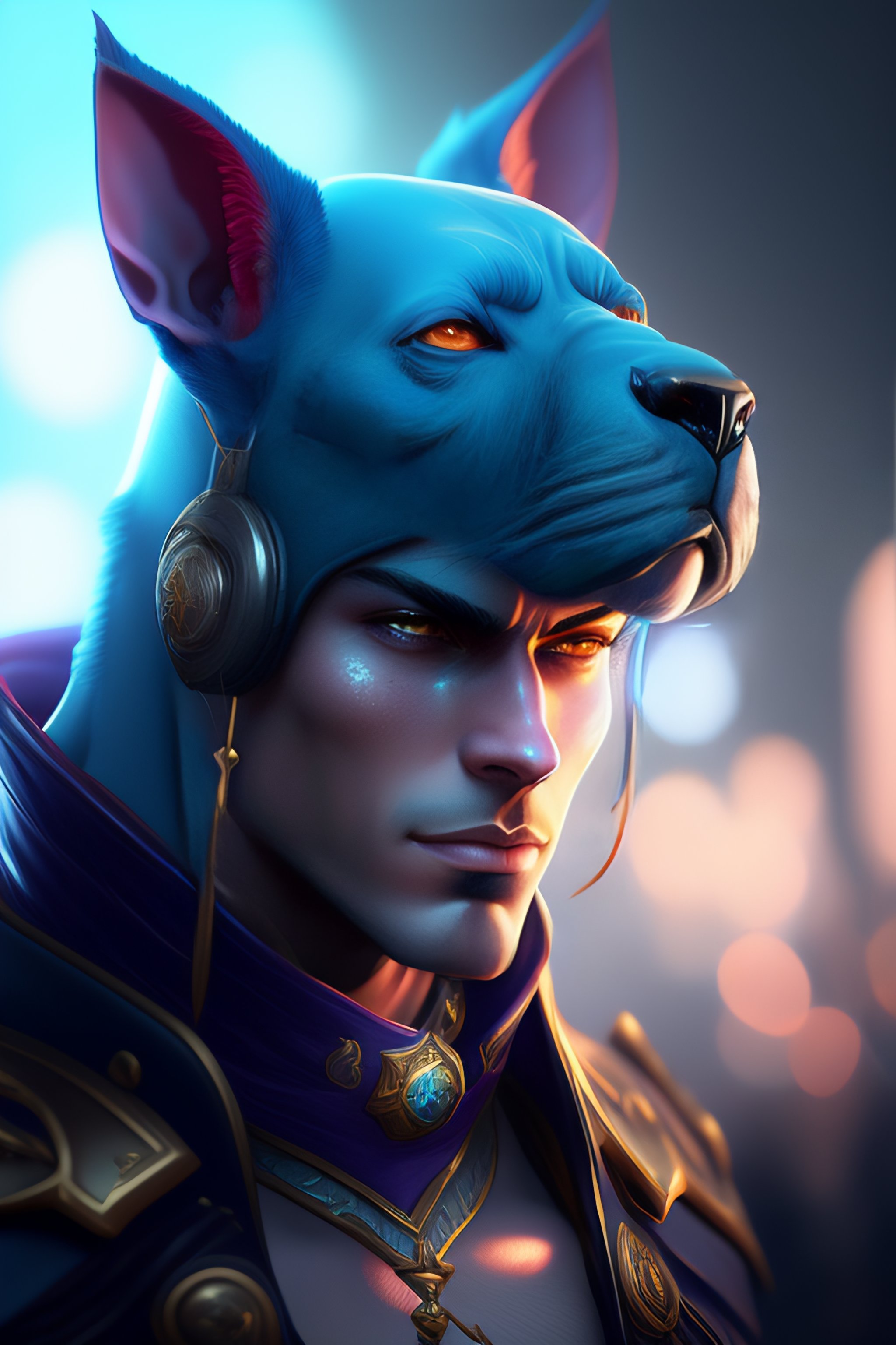 Lexica - Detailed illustration of a bald blue man followed by a wolf ...