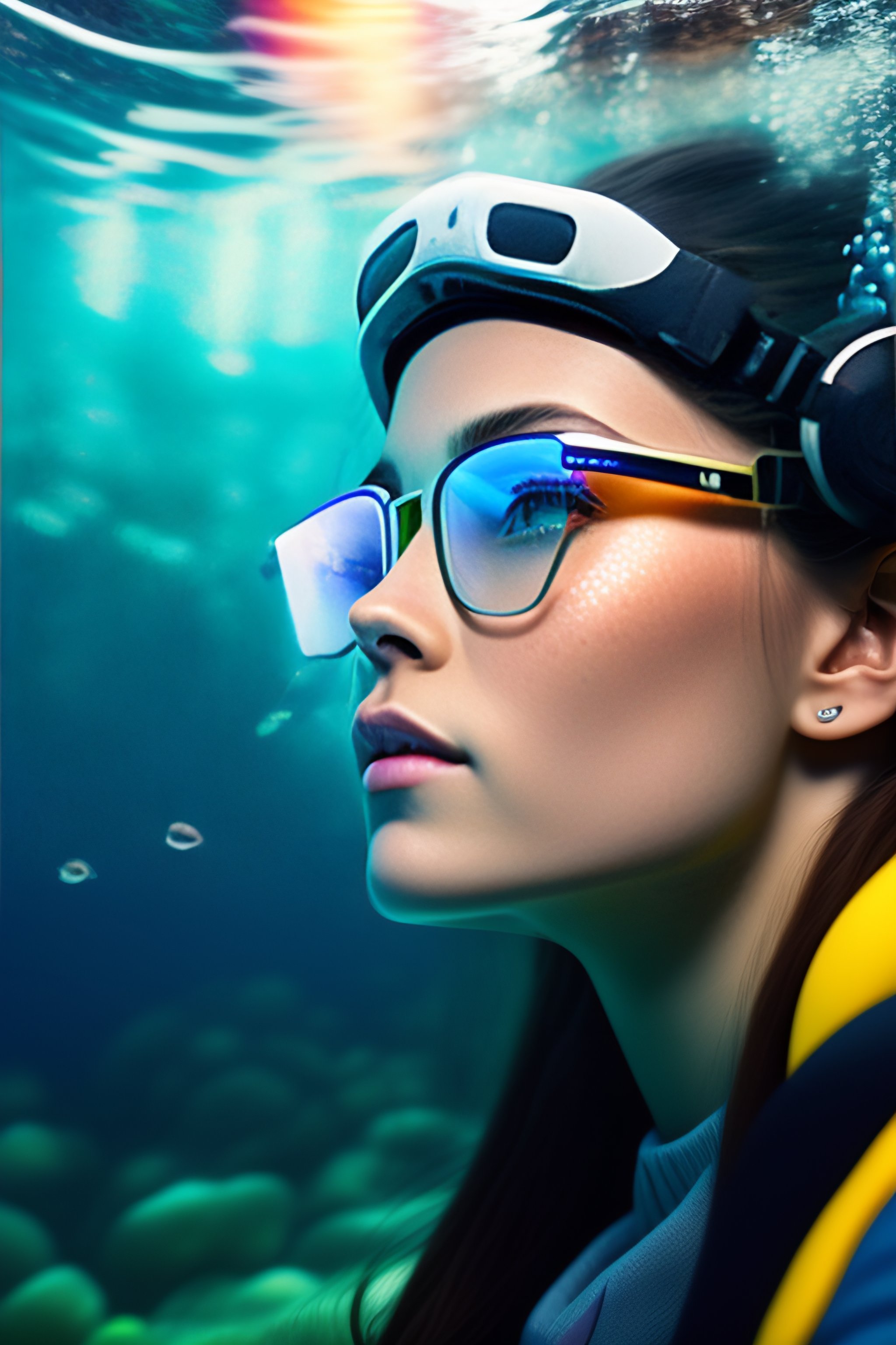 Lexica - Girl in an underwater tank with VR, underwater , lab ,sci-fi