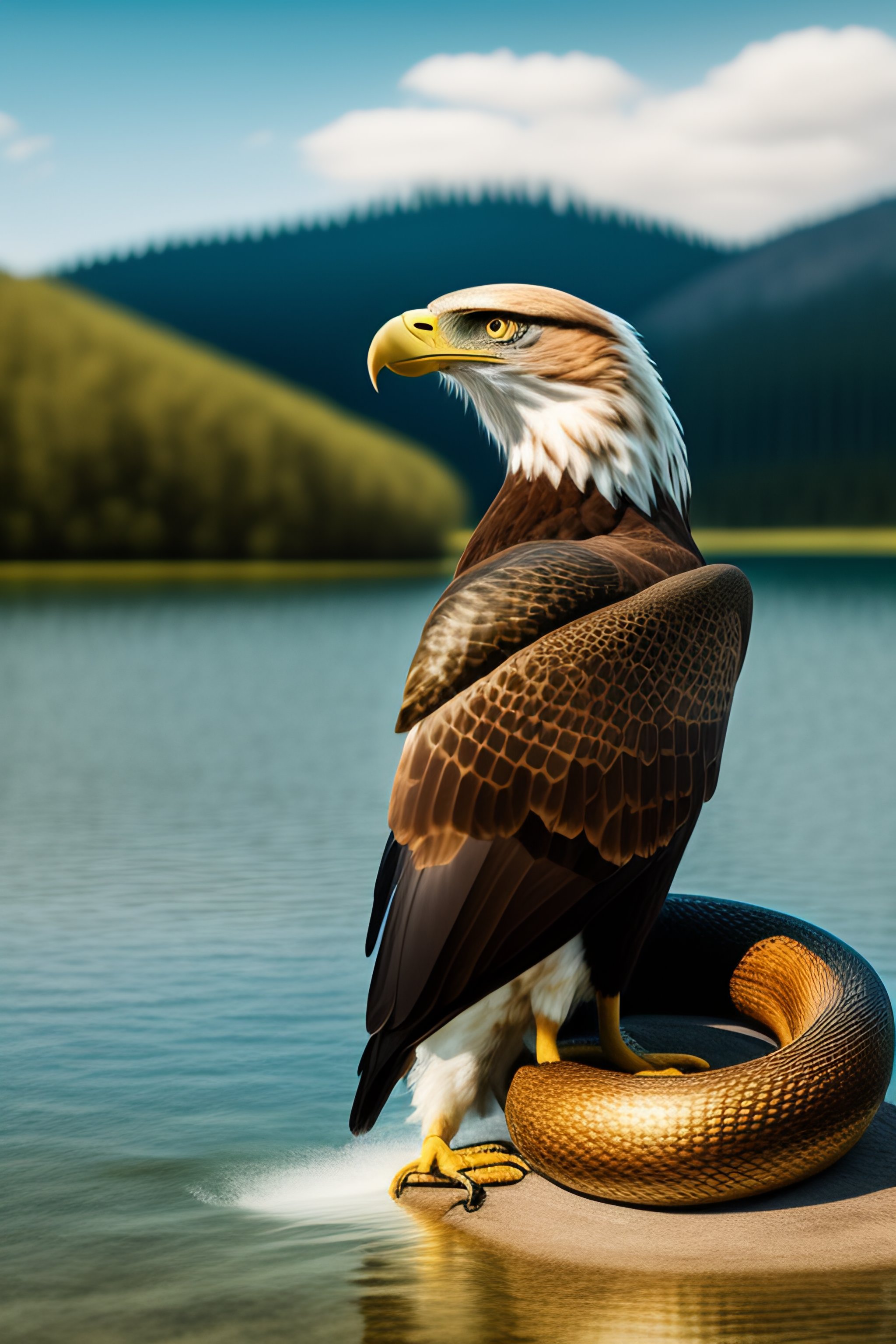 Lexica - Eagle crushing a snake by a lake, realistic