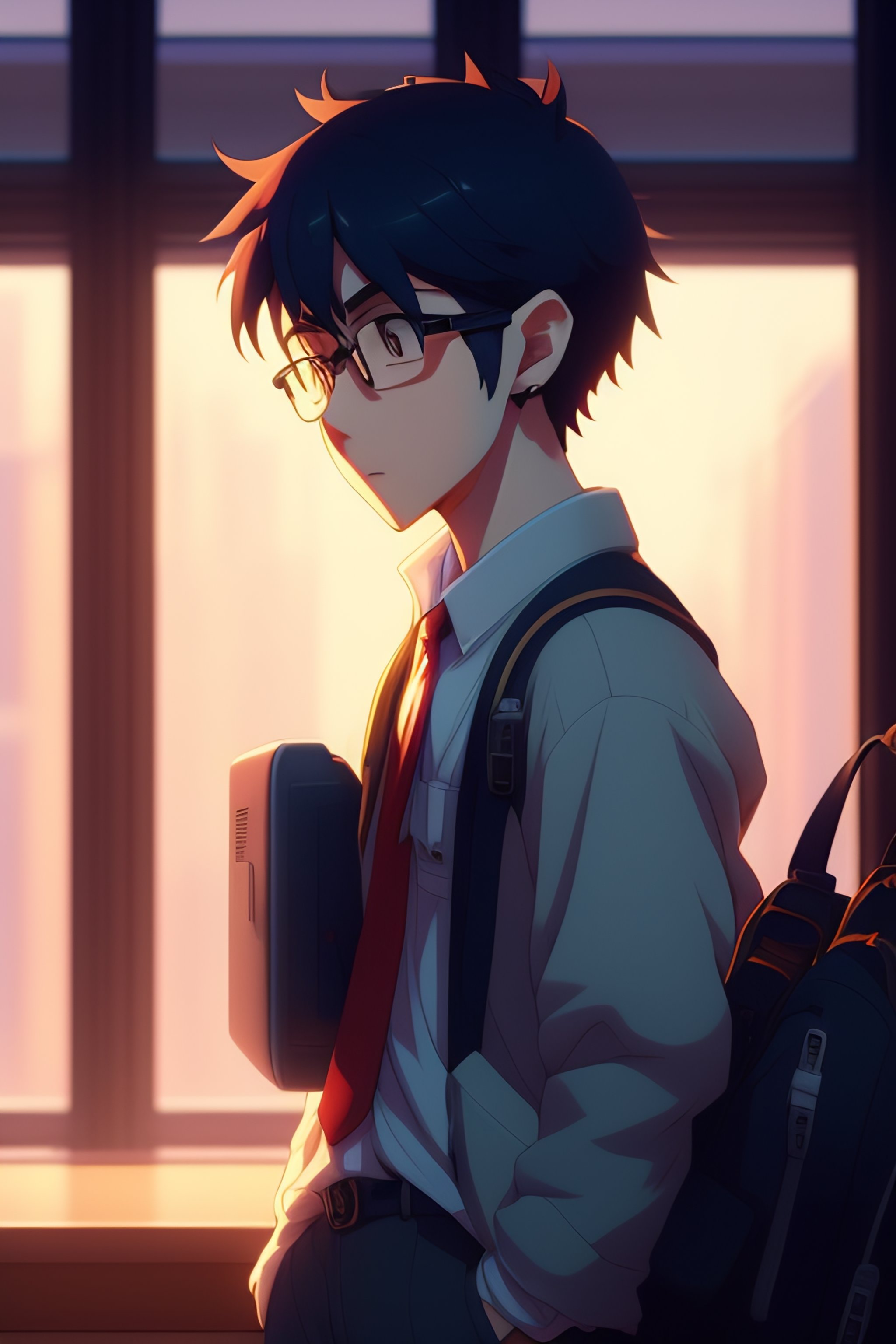 Lexica - A nerdy anime boy is on the phone in a room full of gadgets ...