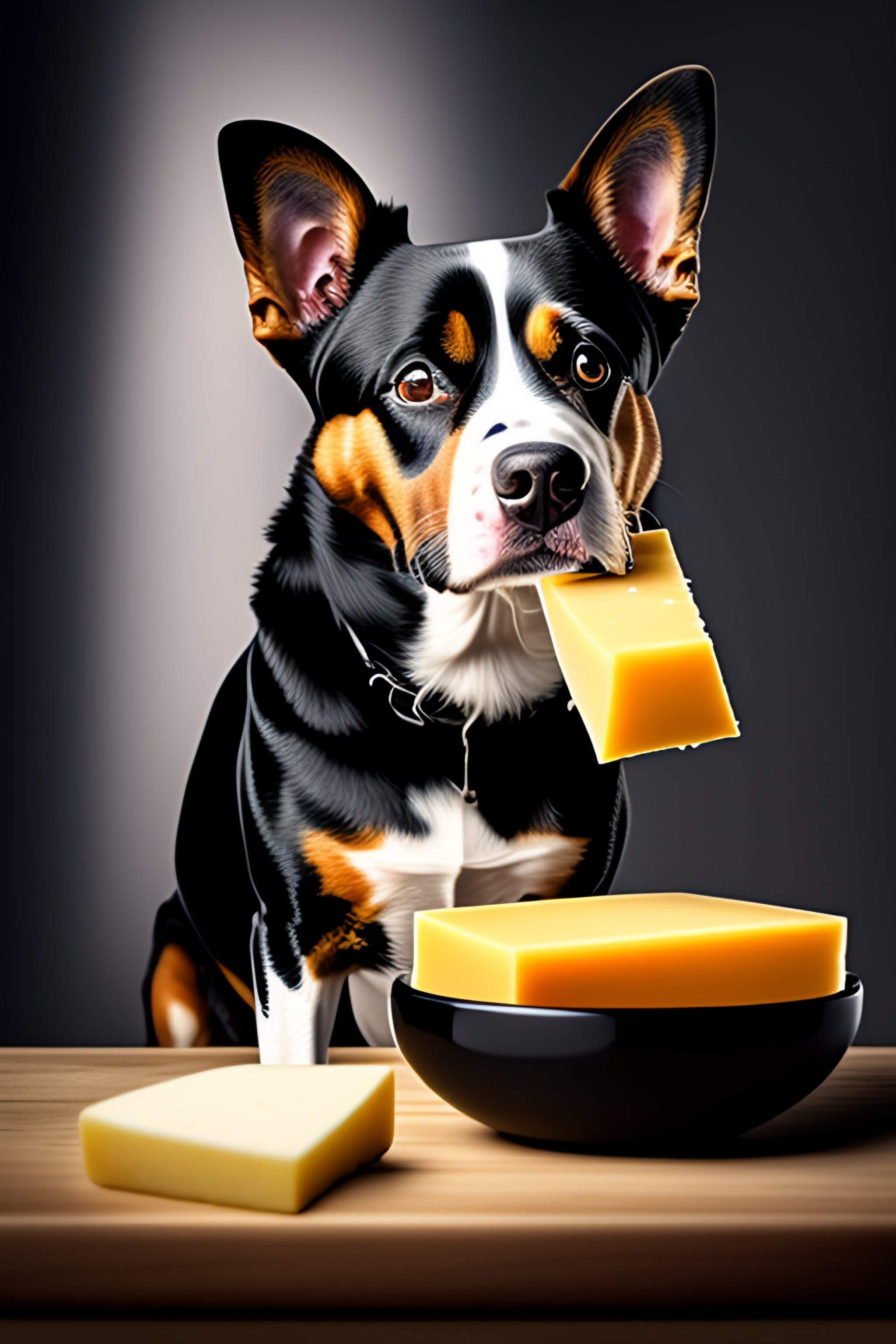 Lexica - A dog eating cheese black and white