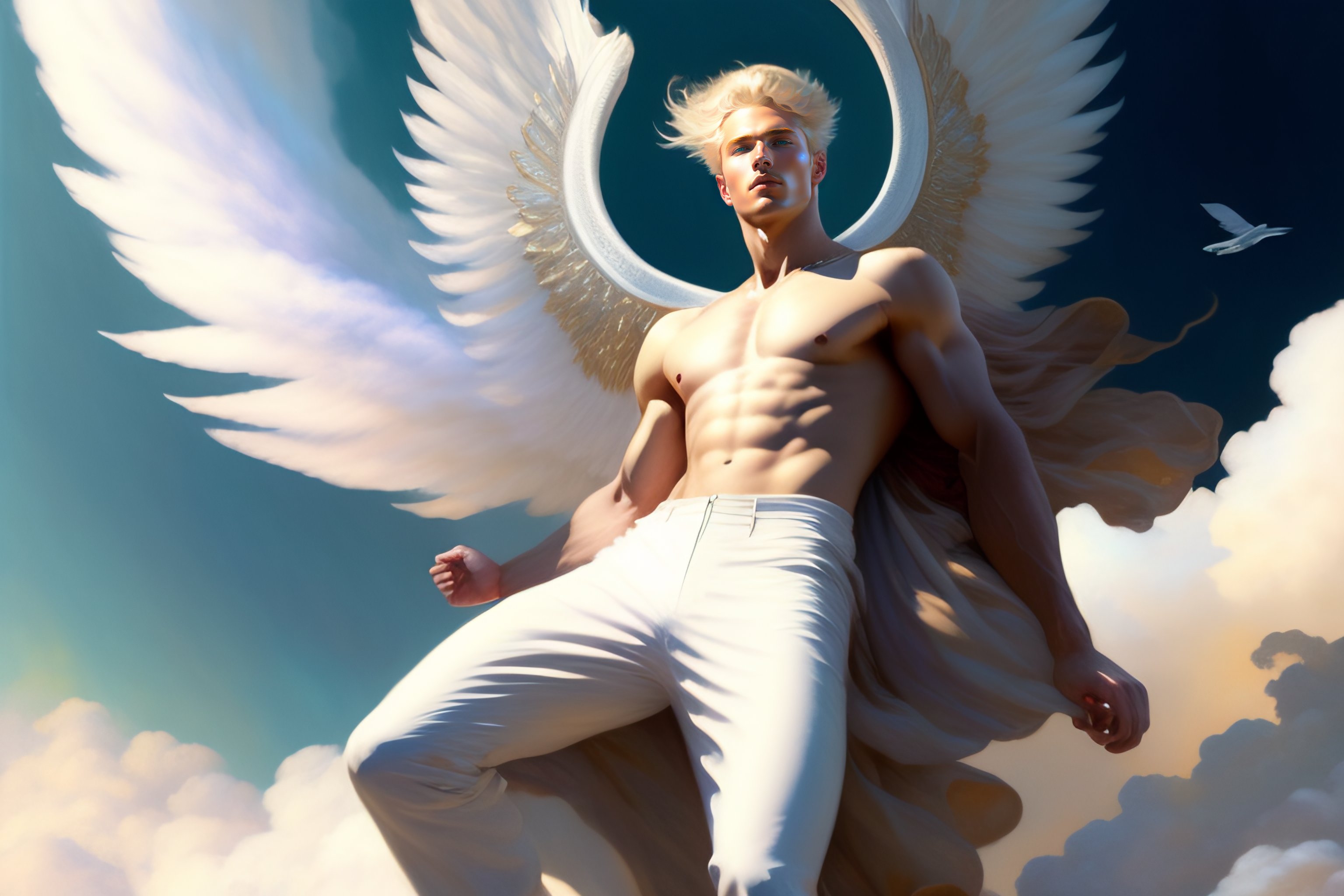 Lexica - A male Angel flying and dancing among the clouds, blond hair ...