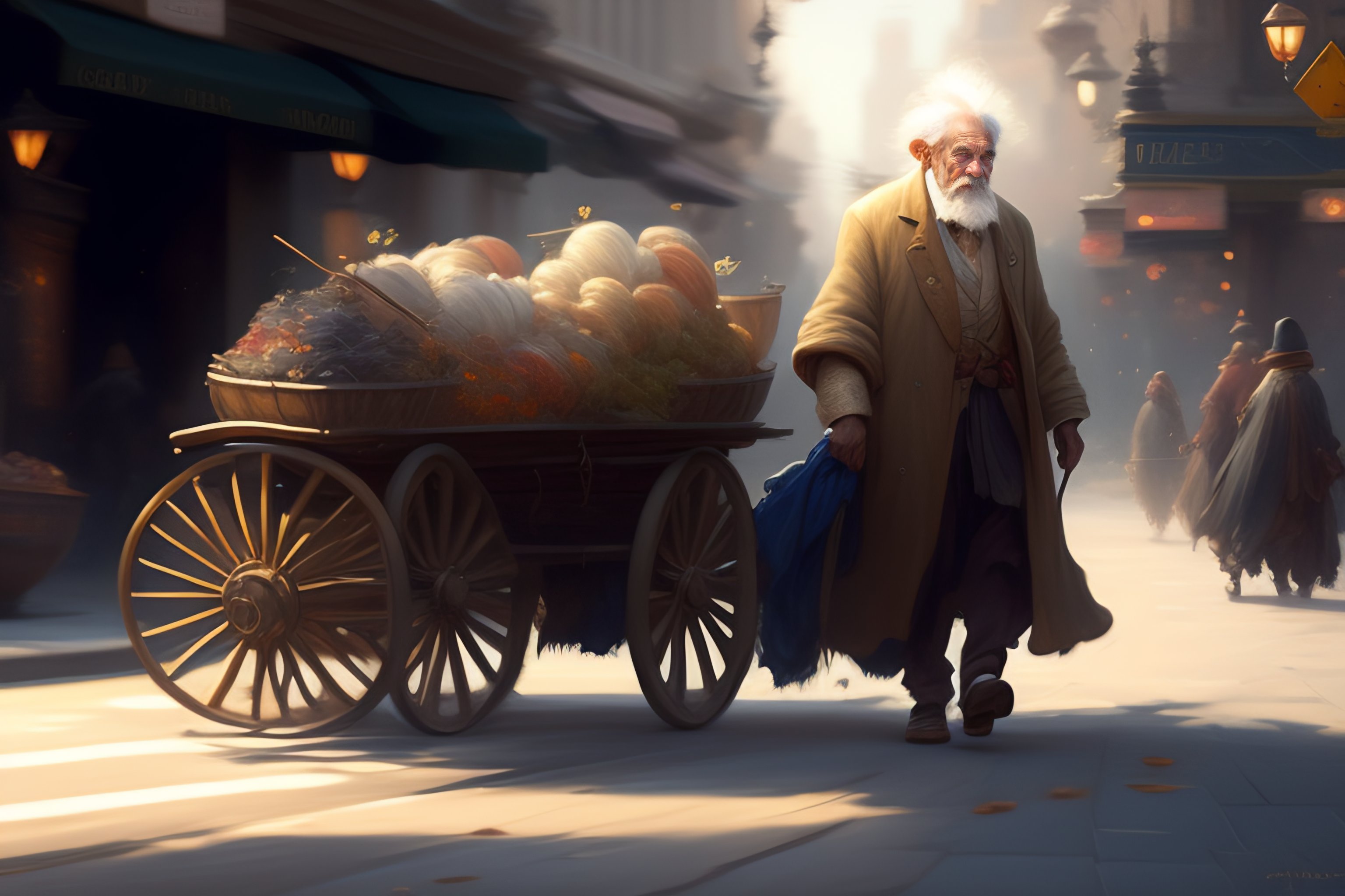 Lexica - An old man pushing a cart with messy clothes, a wrinkled old ...