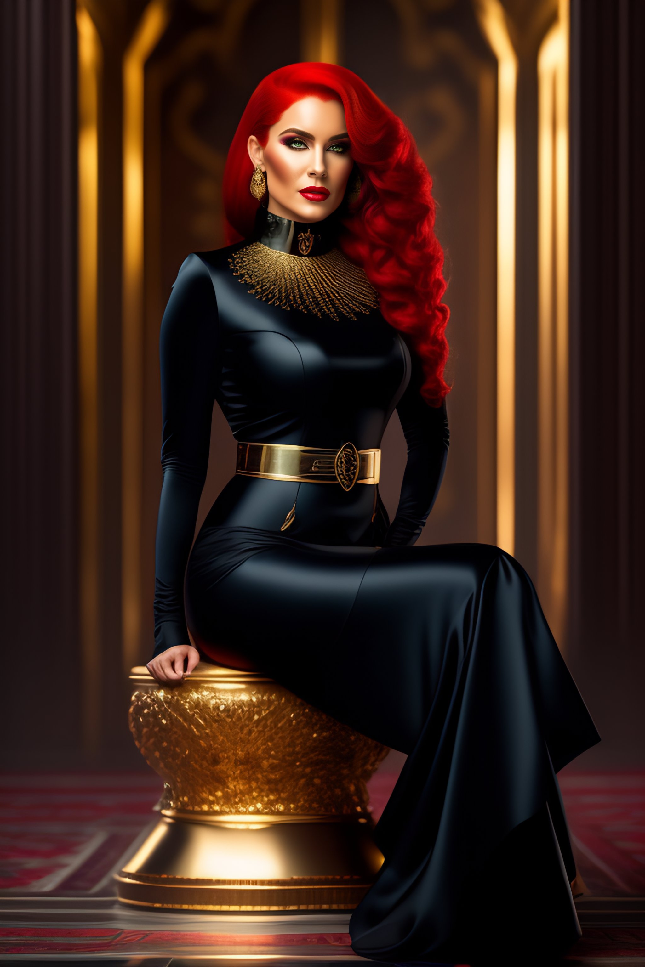 Lexica - Full body portrait of imperious woman wearing shiny black.form fitting outfit. Red hair ...