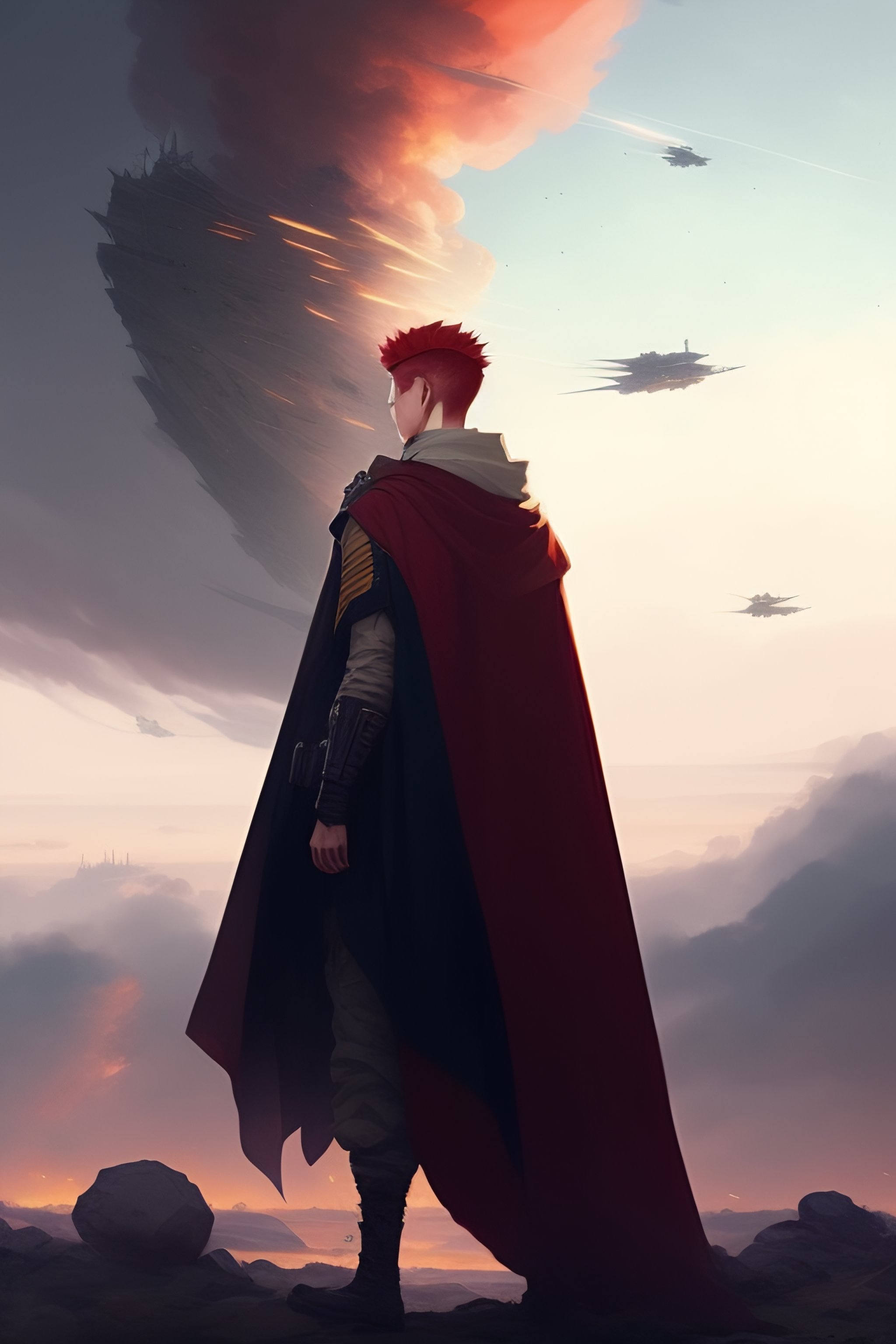 Lexica - Young man, crimson hair, injured soldier, Battlefield , long torn cape, soldier jacket ...