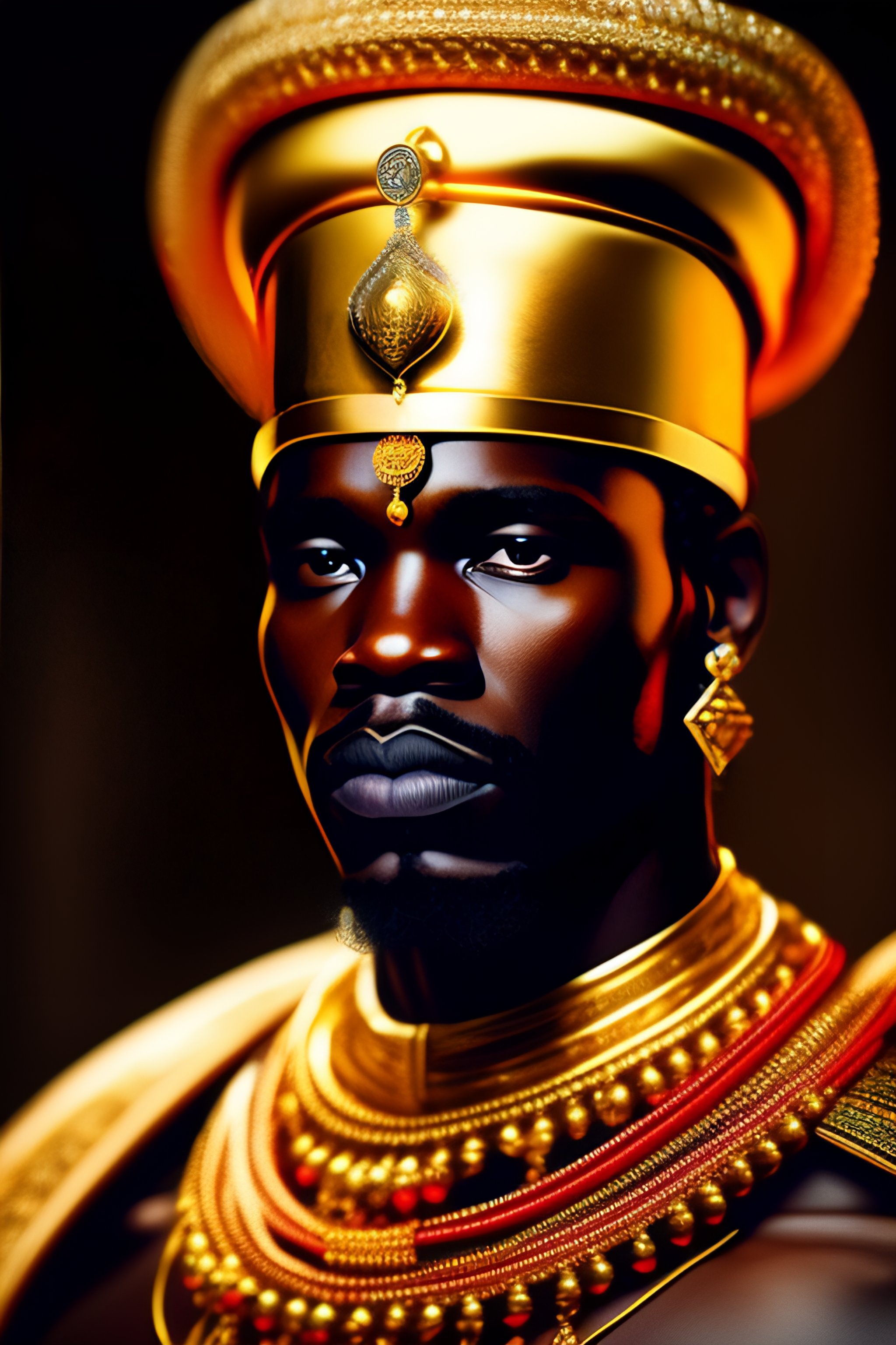 Lexica - African King, wearing gold ornaments, looking into camera ...