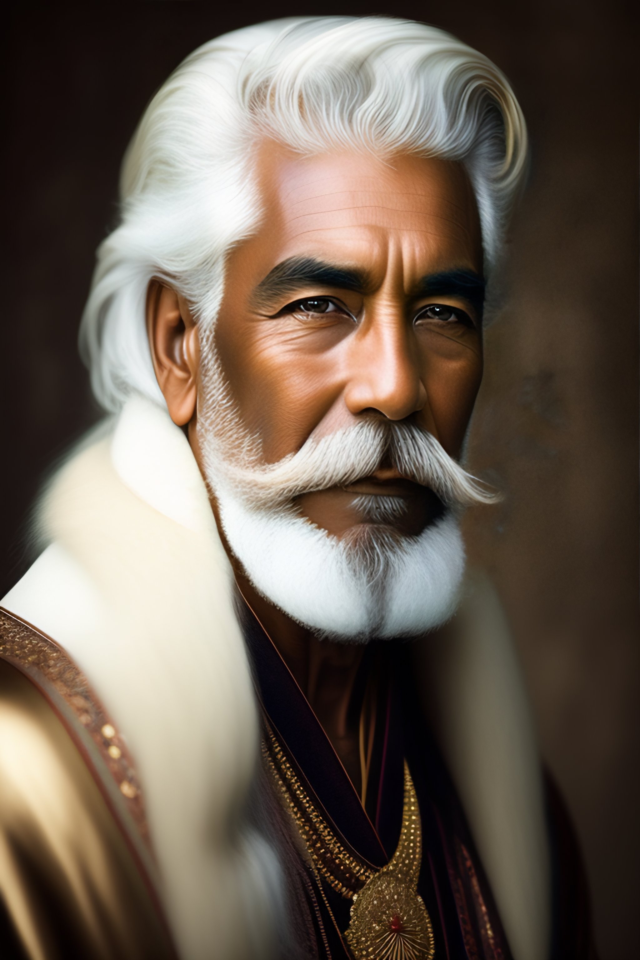 Lexica - Man, bronze skin, white hair, portrait, wearing many diadems ...