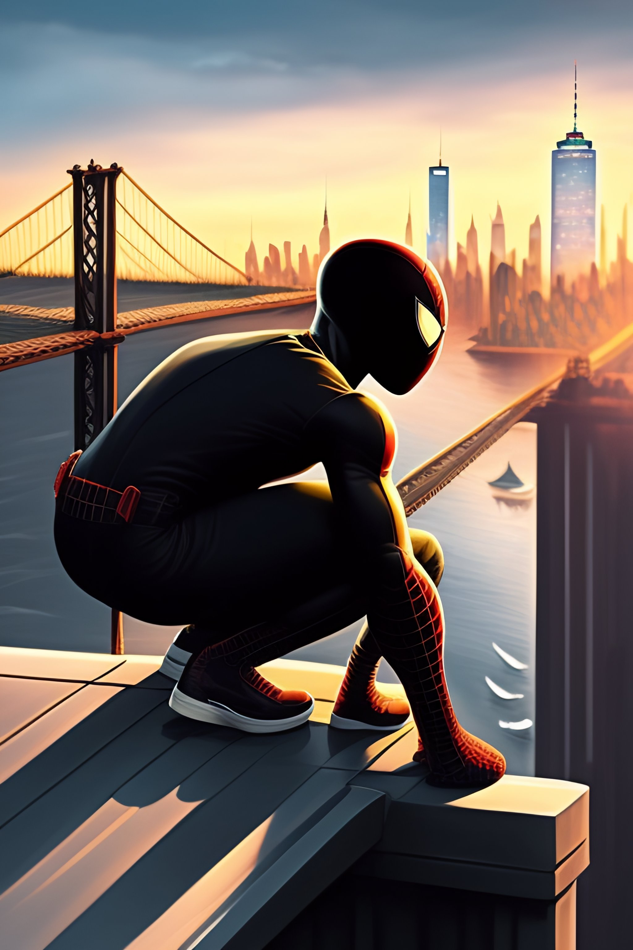 Lexica - Black spiderman sitting on a roof looking down at the Brooklyn ...