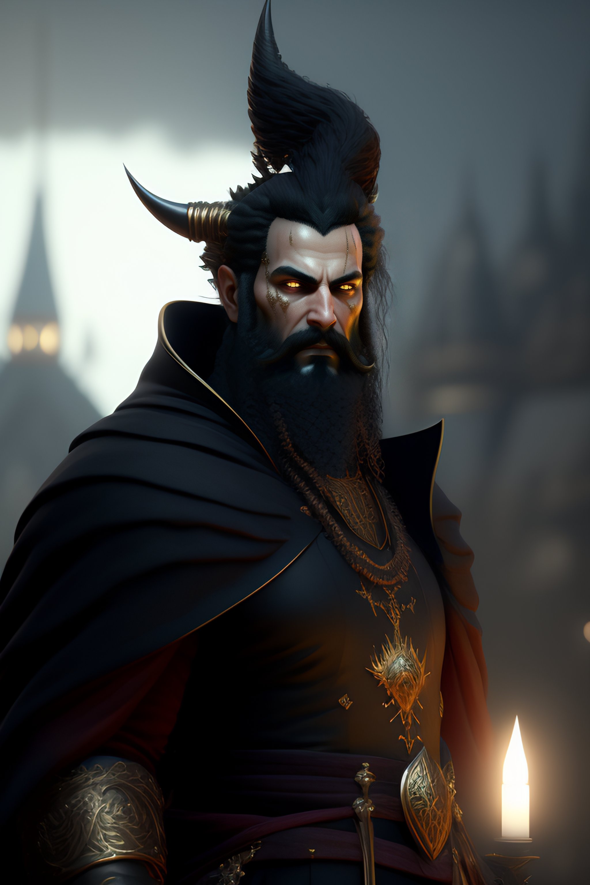 Lexica - Vengeful god, full black eyes, spiral horns, thick black beard ...