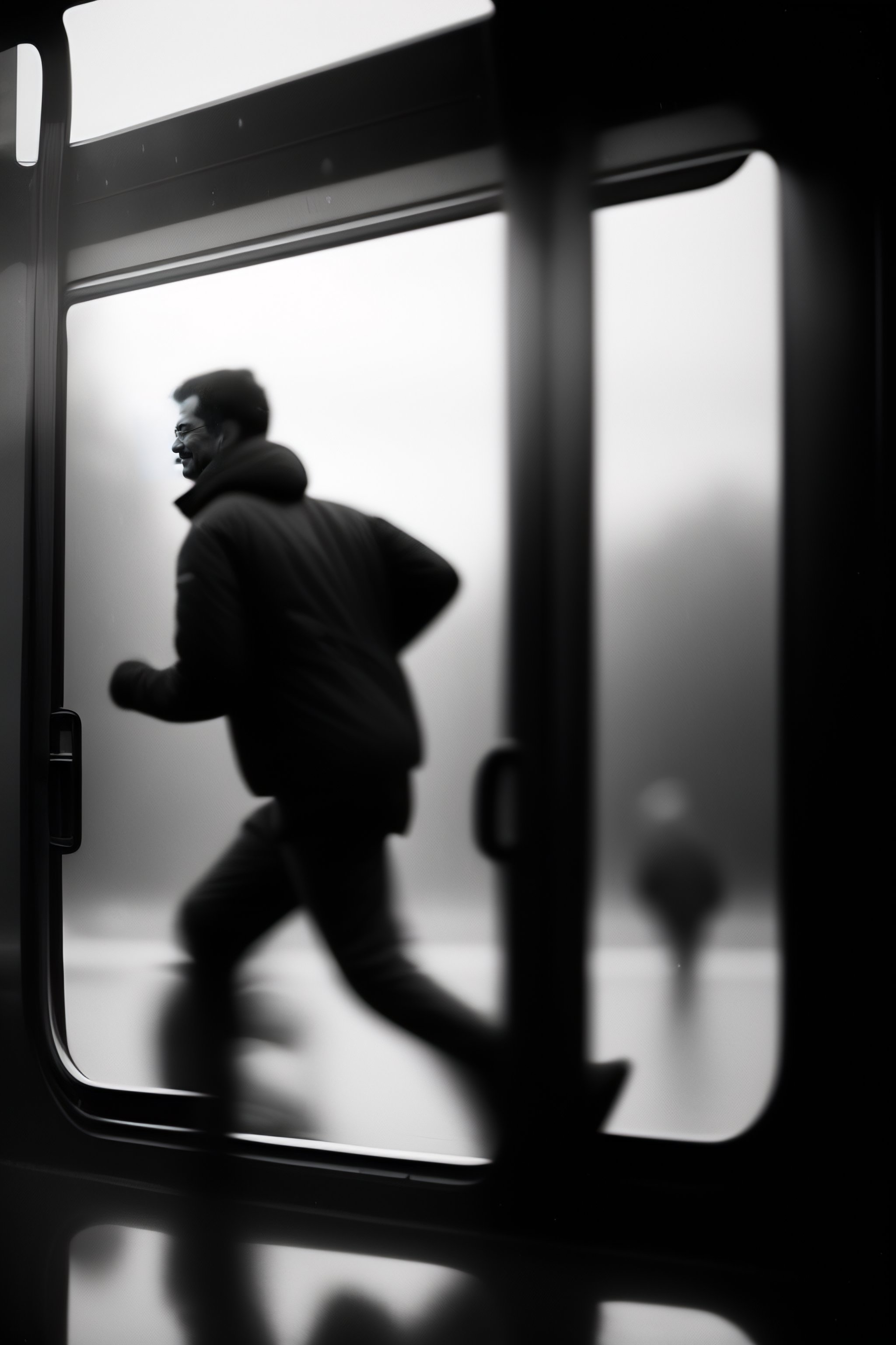 Lexica - View of a running man from inside a dropped bus window, winter ...