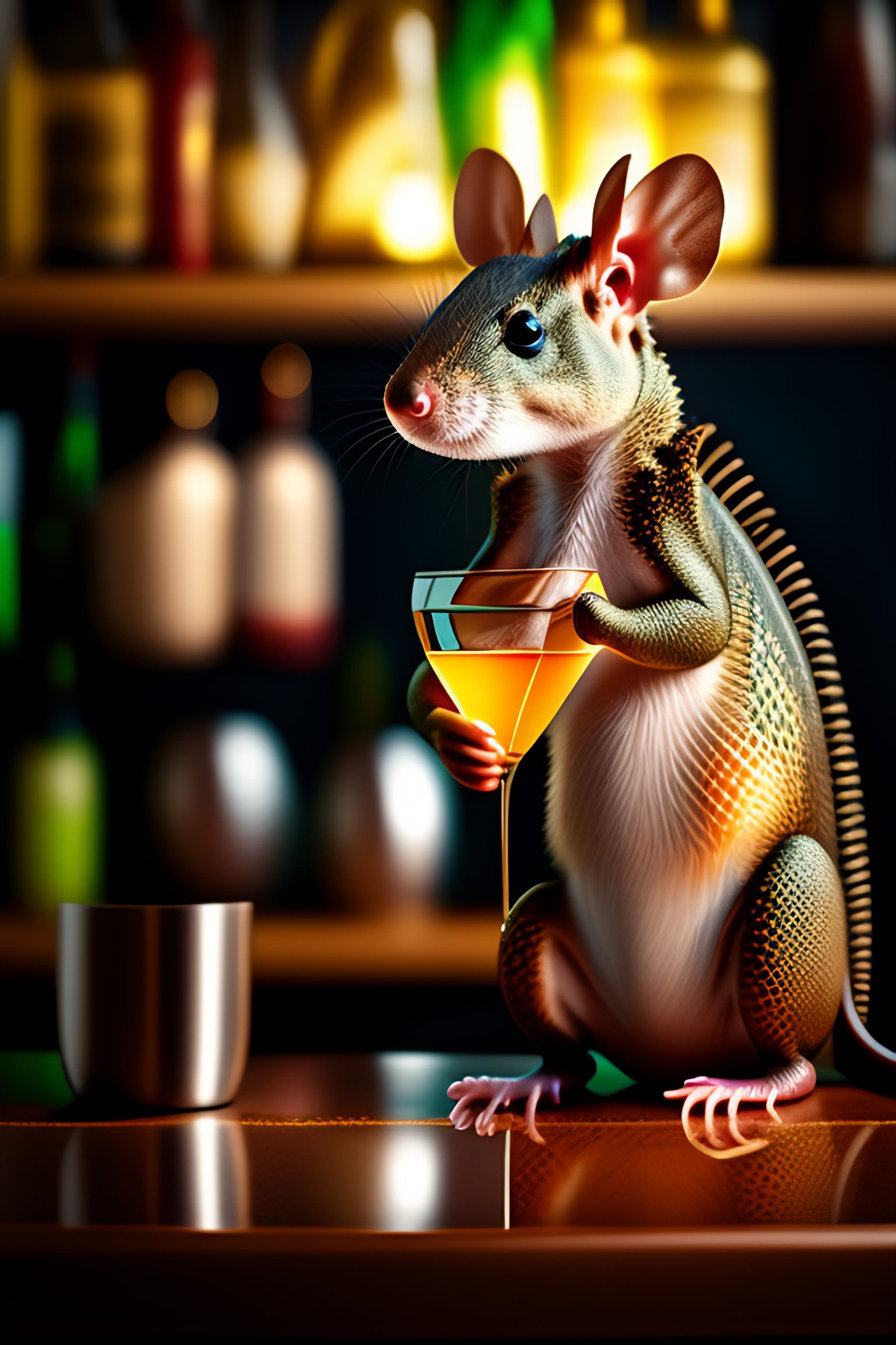 Lexica - An alligator hybrid bartending rat serving cocktails
