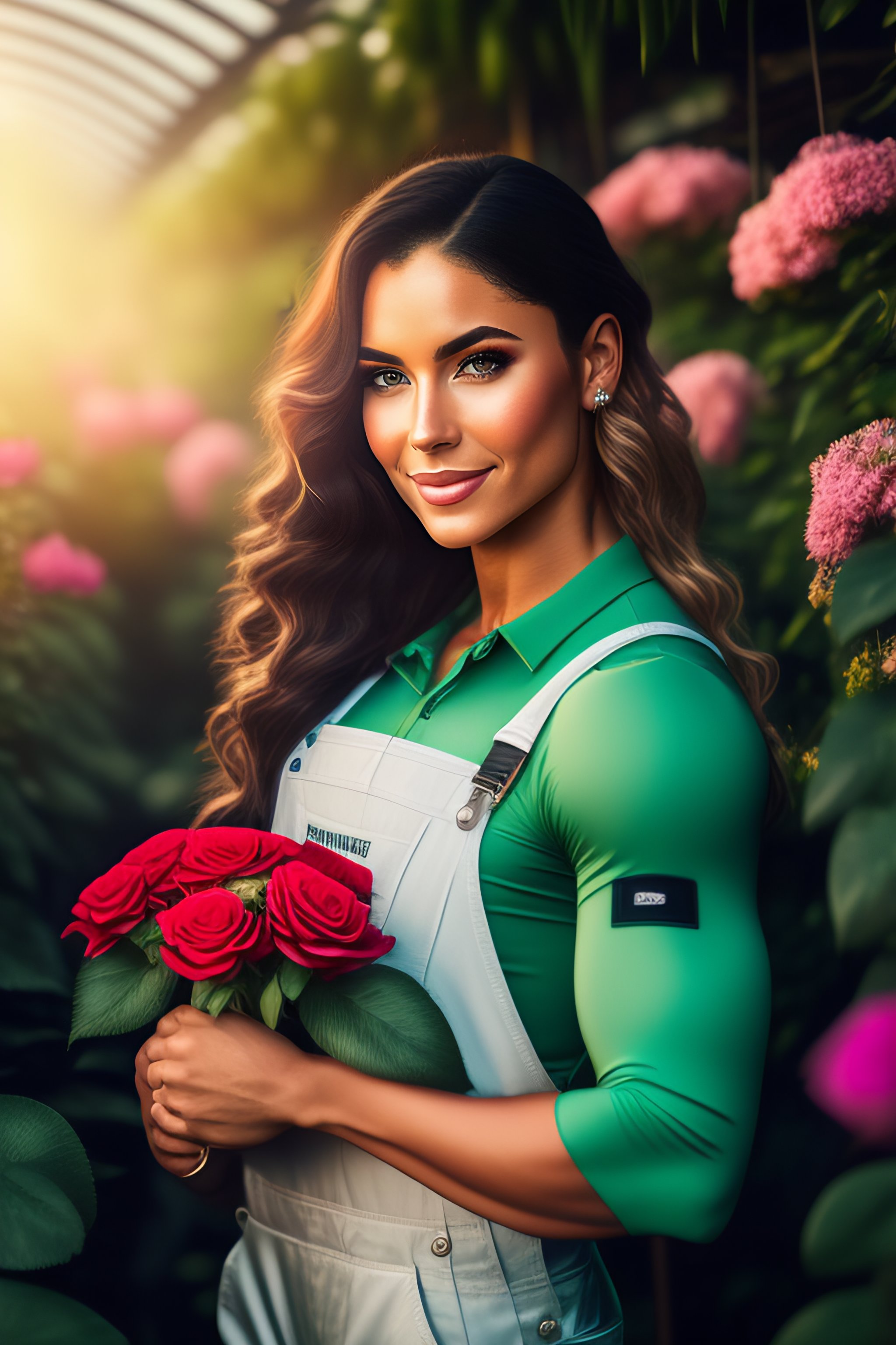 Lexica - Portrait of a young woman ((bodybuilder)) gardener wearing ...