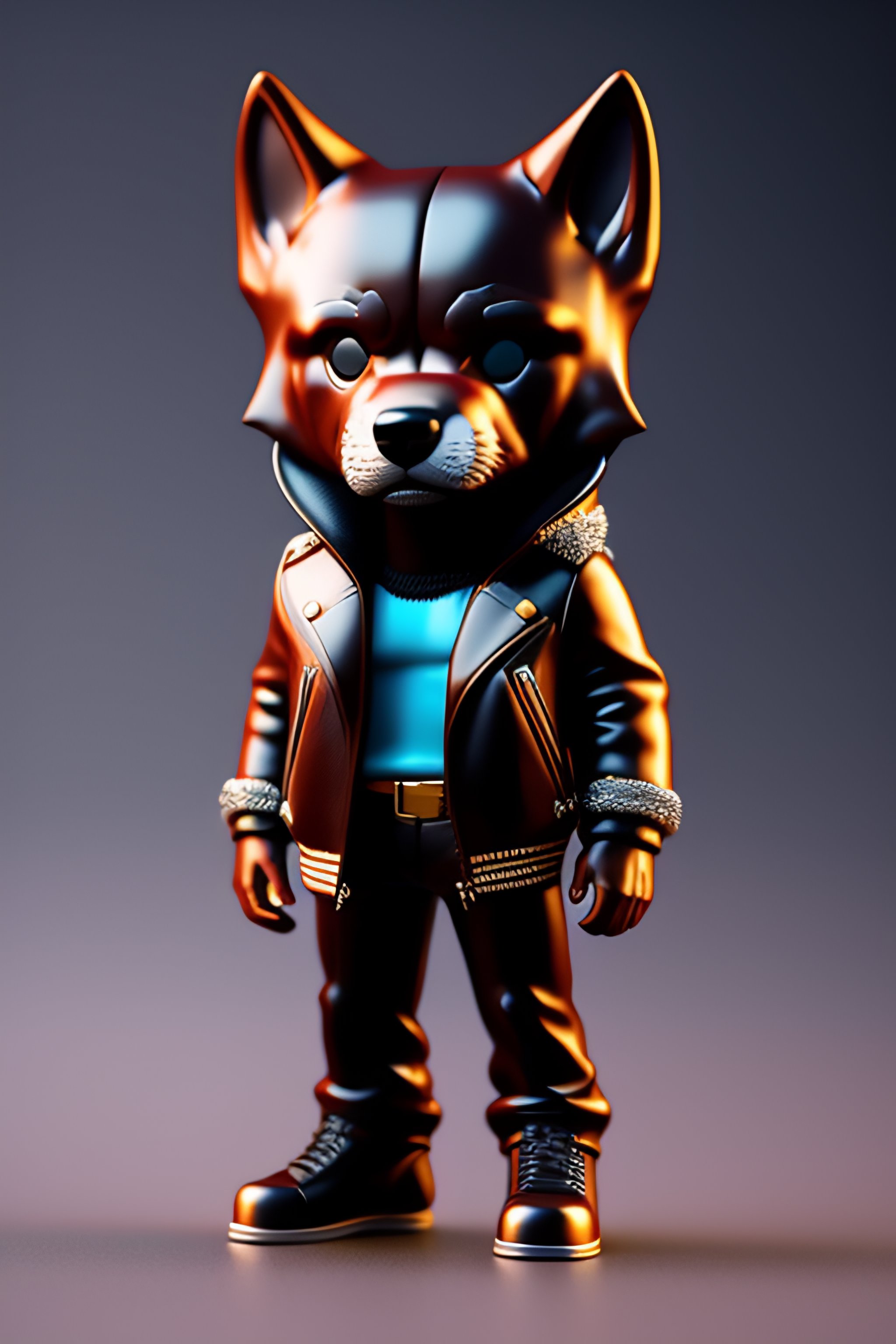 Lexica - Full body 3d octan render of funko pop wolf in a leather jacket