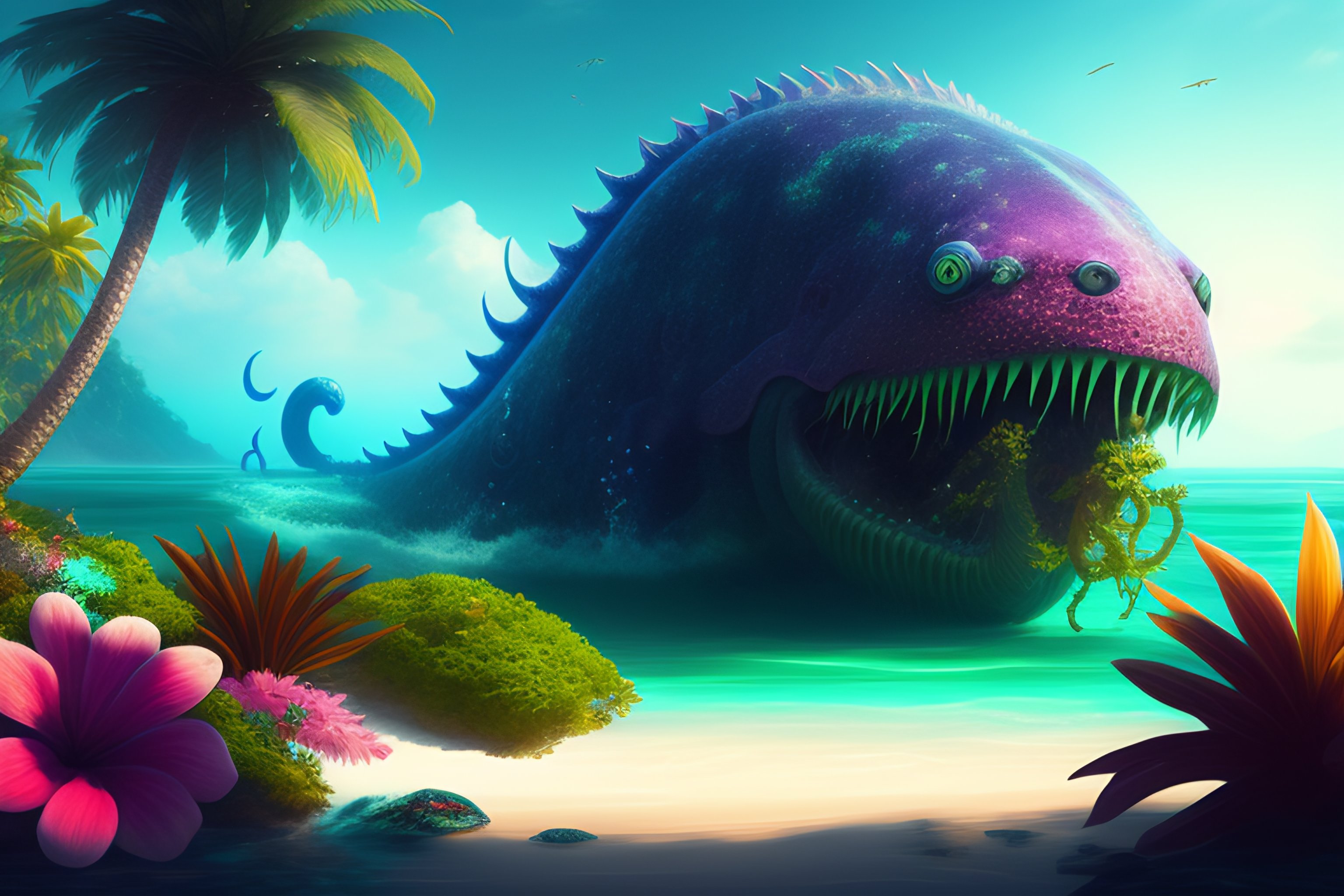 Lexica - Monster kraken in water on tropical beach with greeneries and colorful flowers, full ...