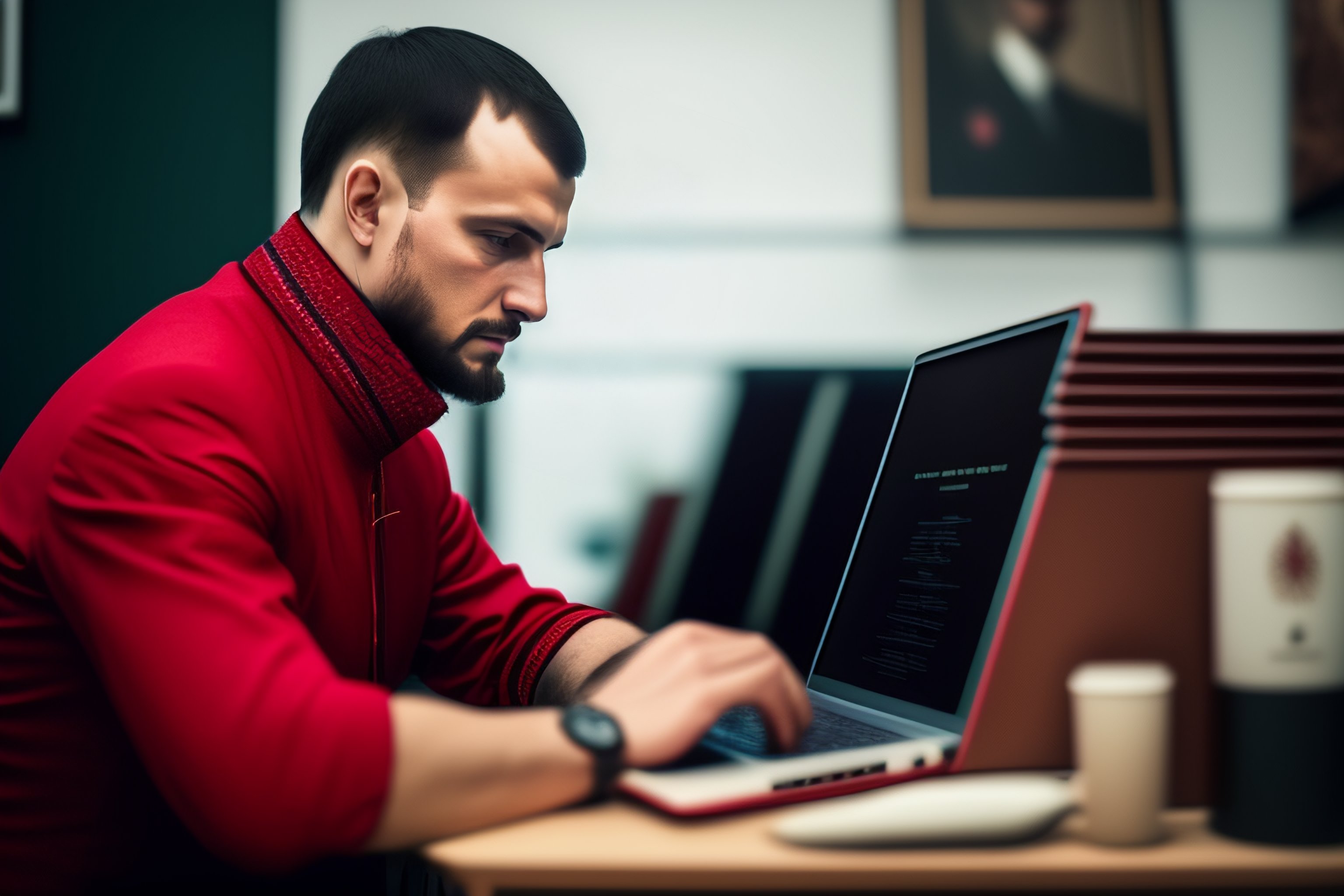 Lexica - Belarusian programmer in national outfit is working on his laptop