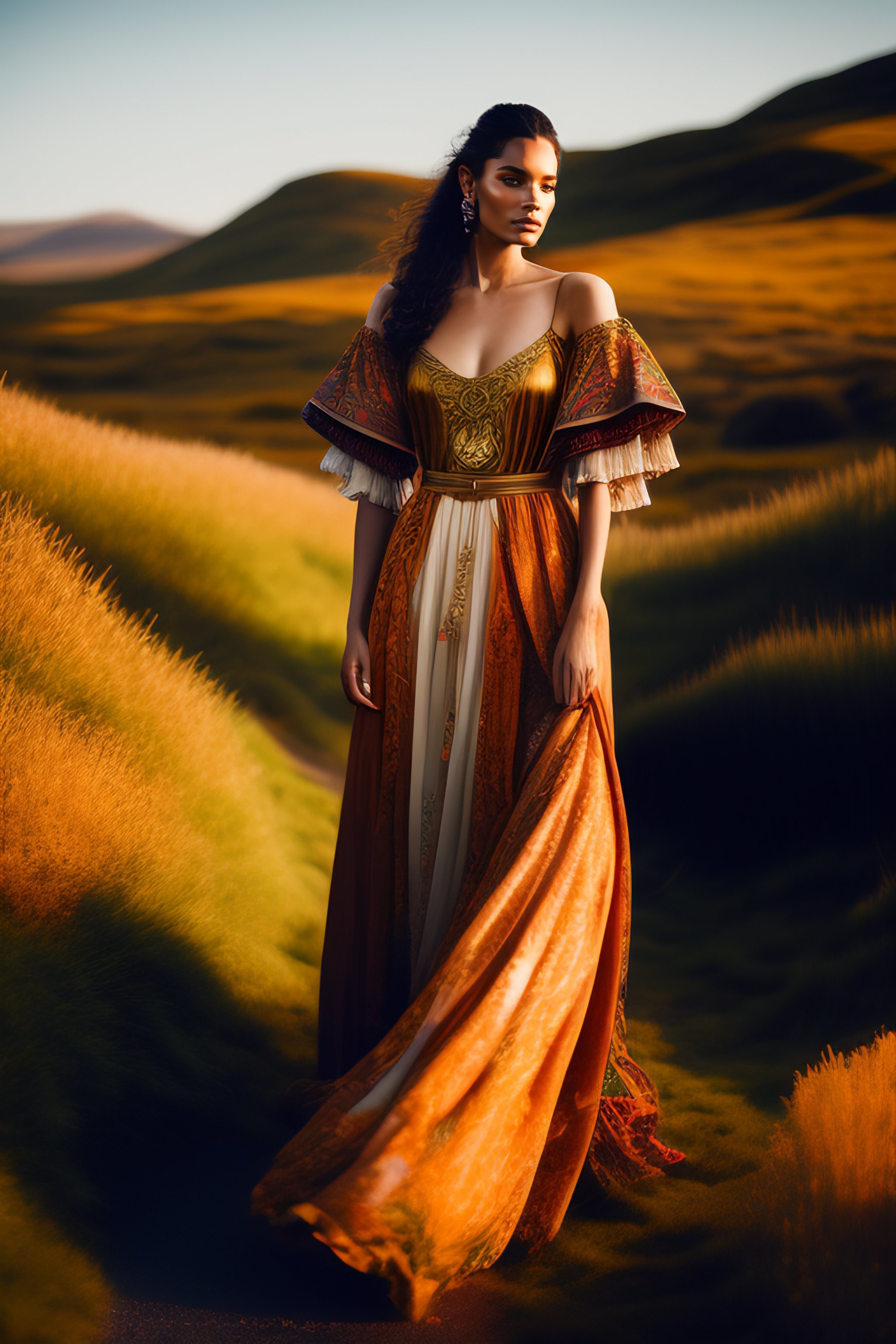 Lexica - Model in a stunning long flowy maximalist Celtic dress, vogue ...