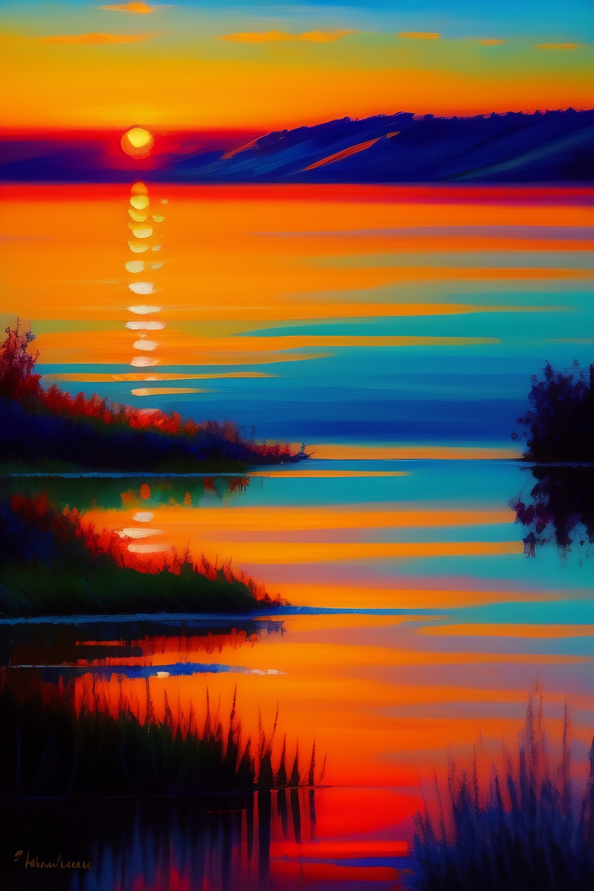 Lexica - An impressionist painting landscape of a lake with an epic ...