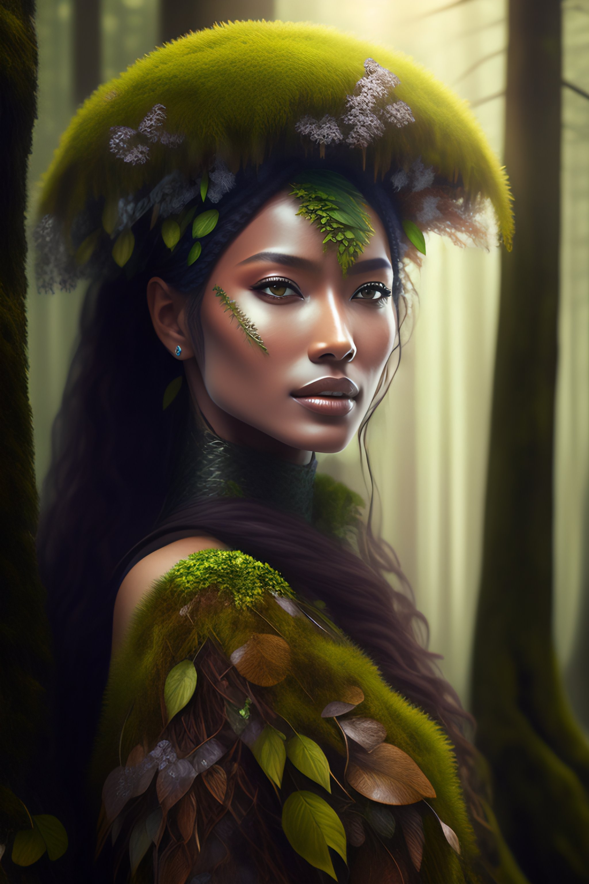 Lexica - Photorealistic, Dryad with skin of moss and armor of bark ...
